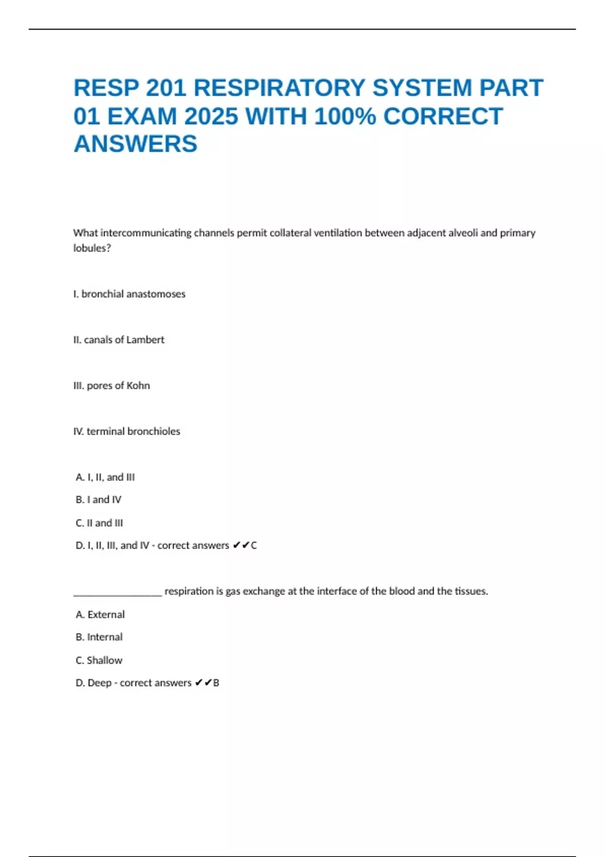 RESP 201 RESPIRATORY SYSTEM PART 01 EXAM 2025 WITH 100% CORRECT ANSWERS ...