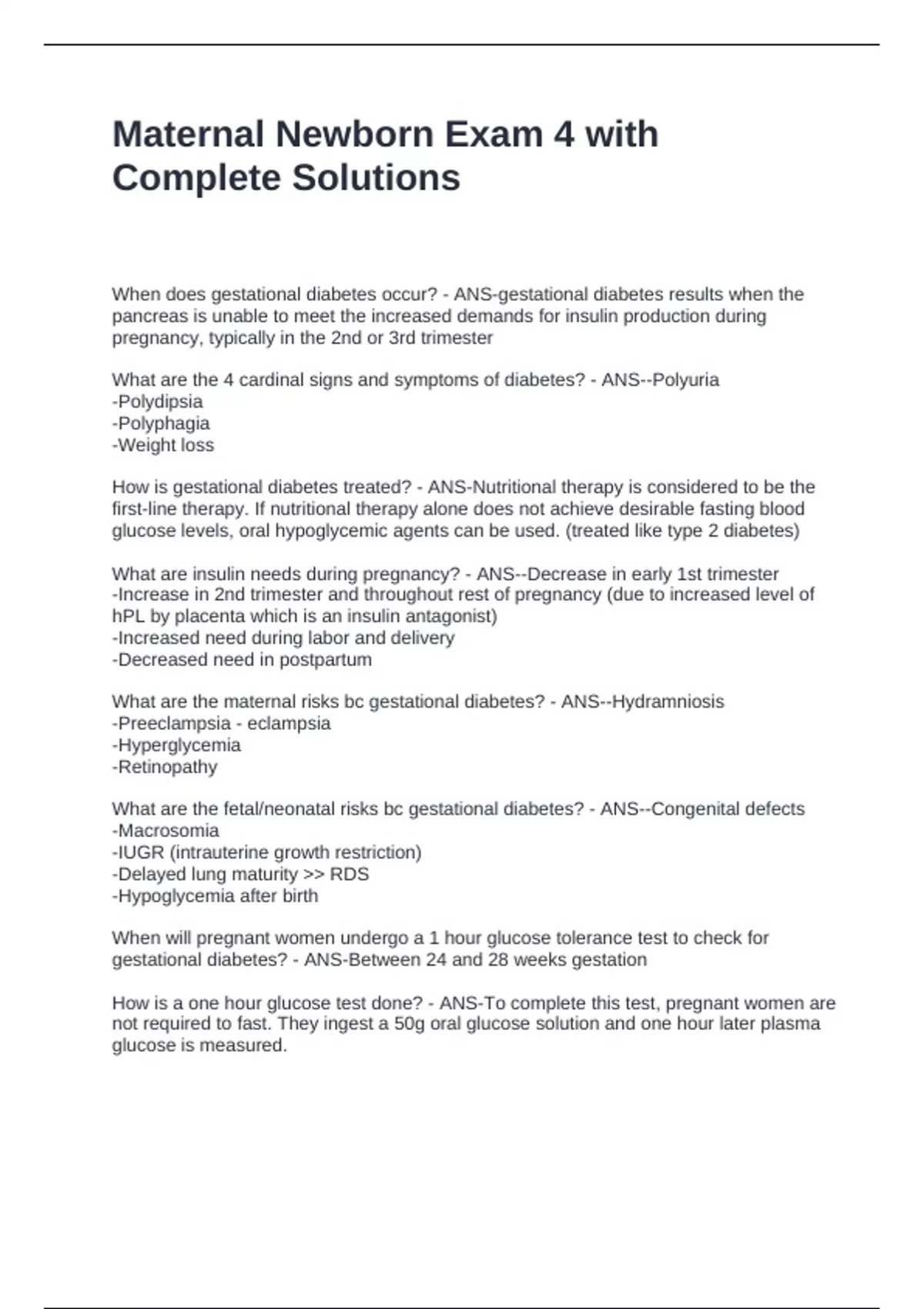 Maternal Newborn Exam 4 with Complete Solutions - Maternal newborn ...