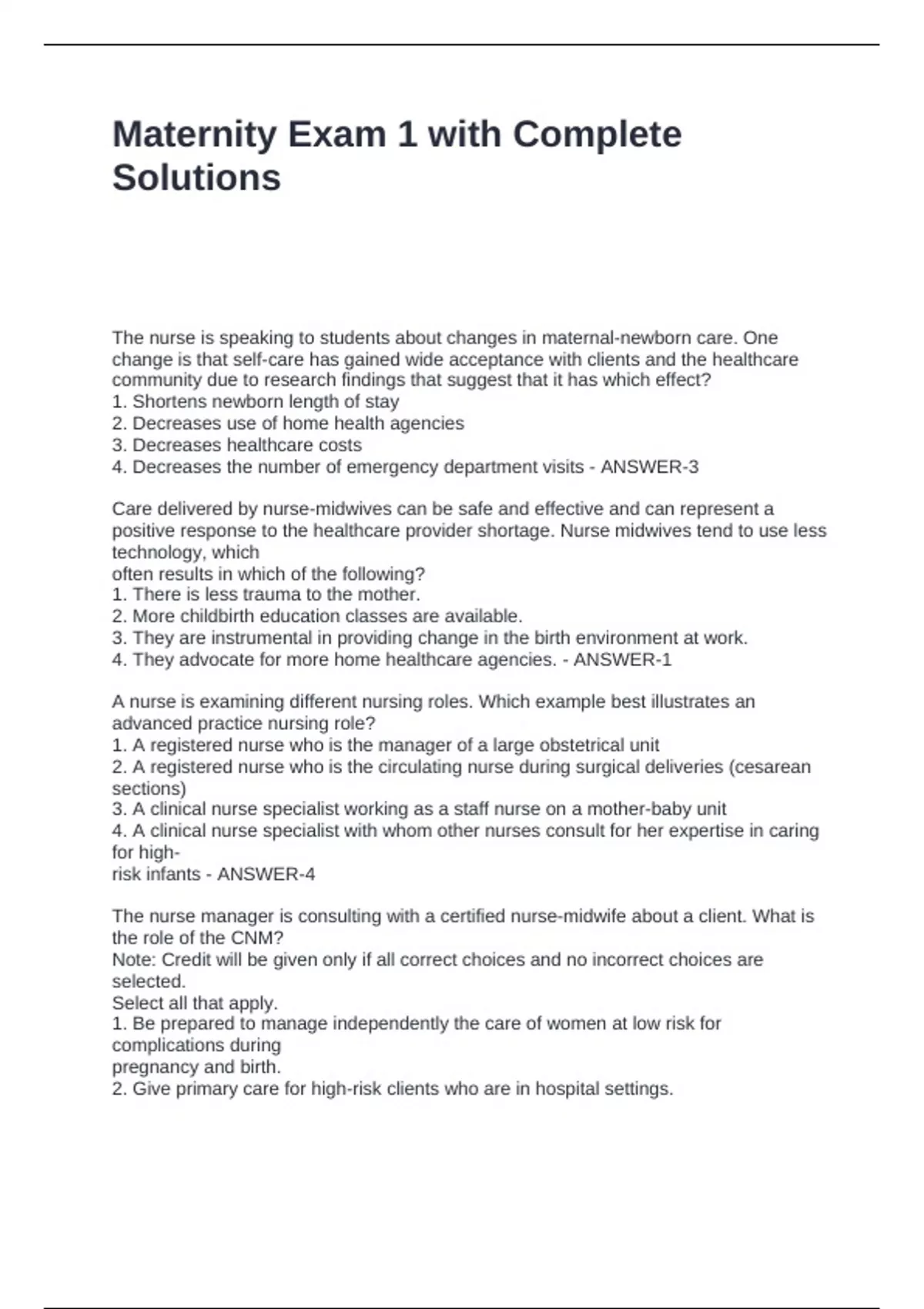 Maternity Exam 1 with Complete Solutions - Maternal newborn - Stuvia US