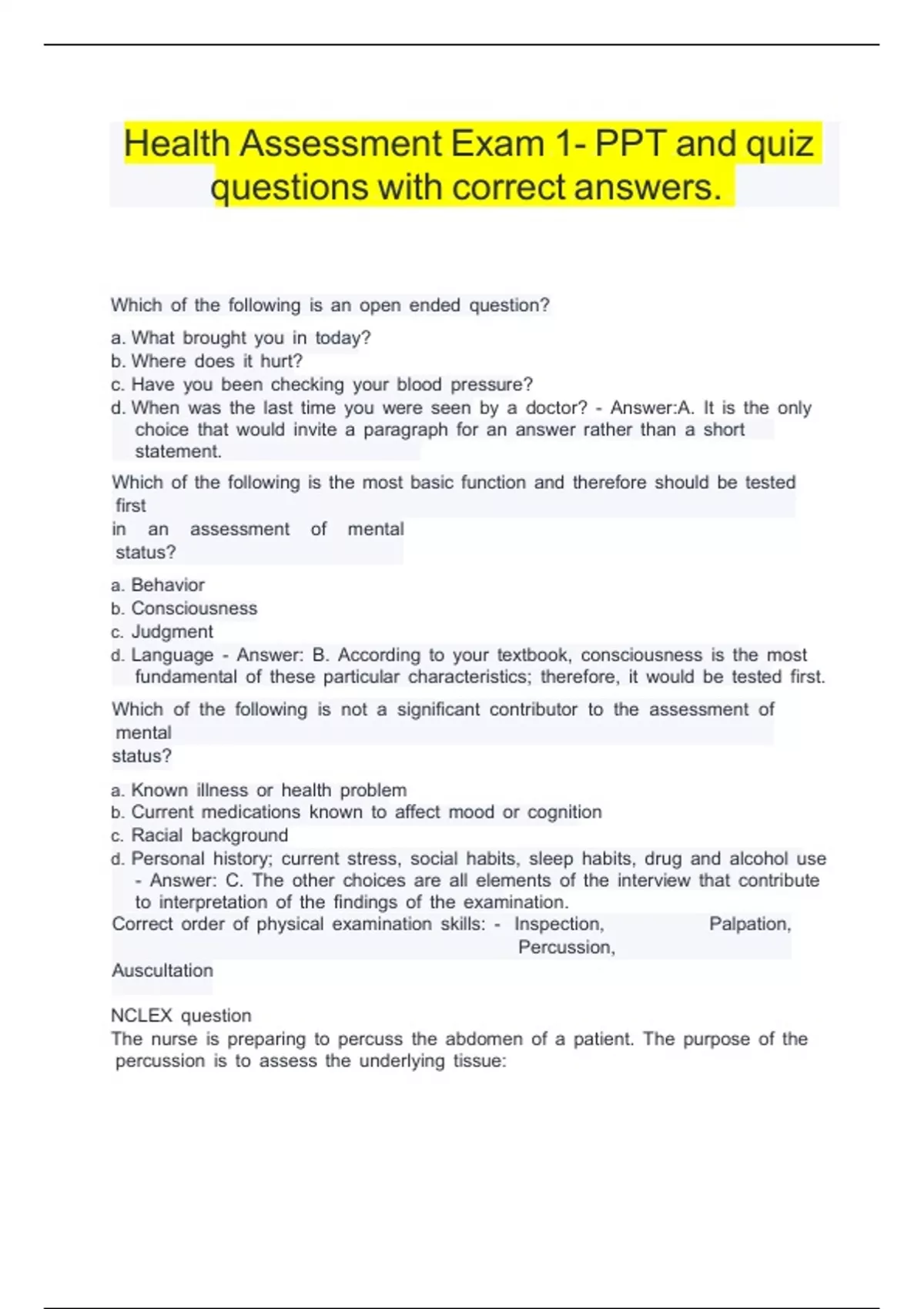 Health Assessment Exam 1- PPT and quiz questions with correct answers ...