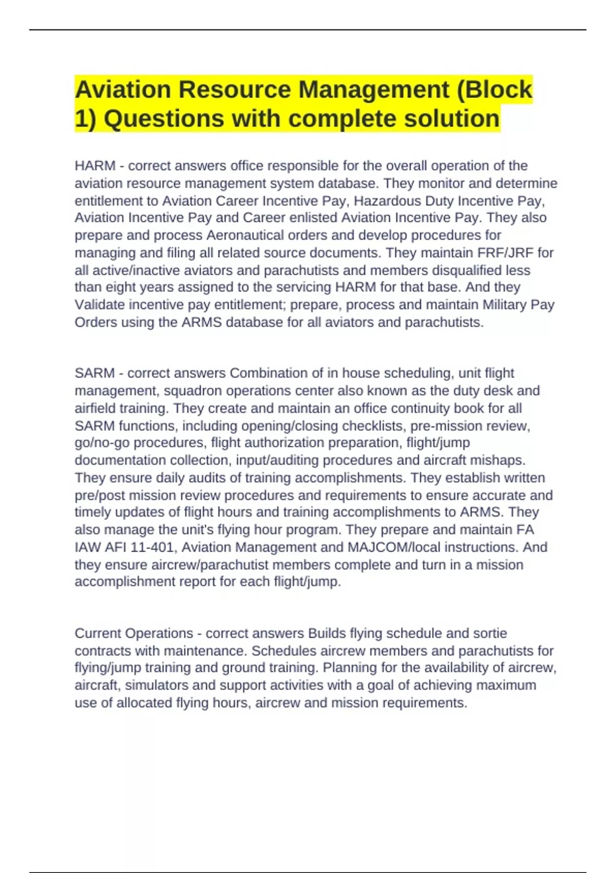Aviation Resource Management (Block 1) Questions with complete solution ...