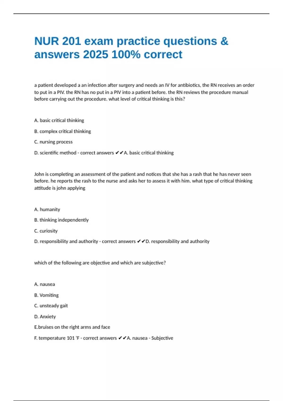 NUR 201 exam practice questions & answers 2025 100% correct - NUR 201 - Stuvia US