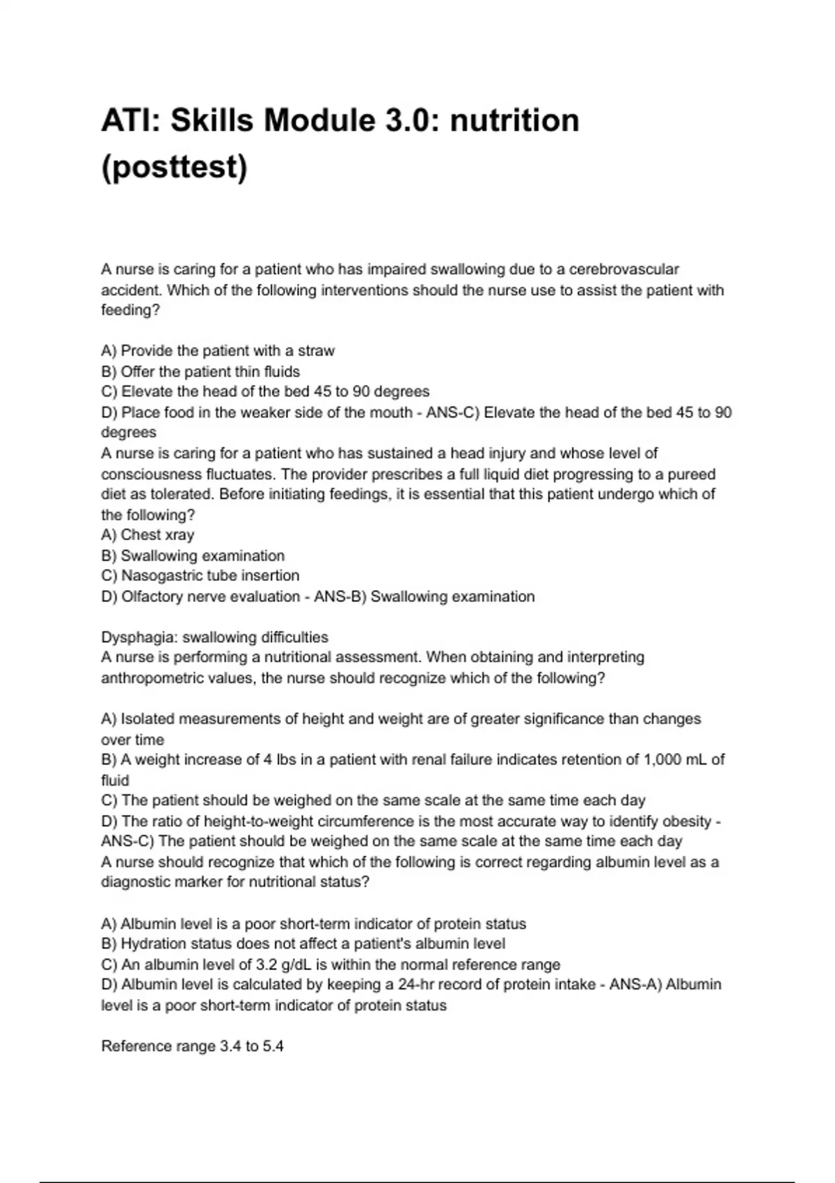 ATI: Skills Module 3.0: nutrition (posttest) QUESTIONS AND CORRECT ...
