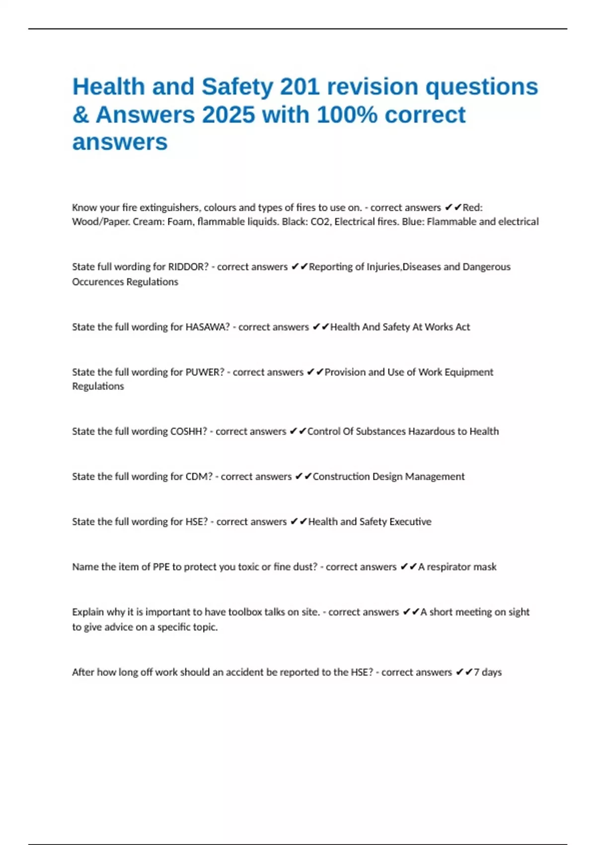 Health and Safety 201 revision questions & Answers 2025 with 100% ...