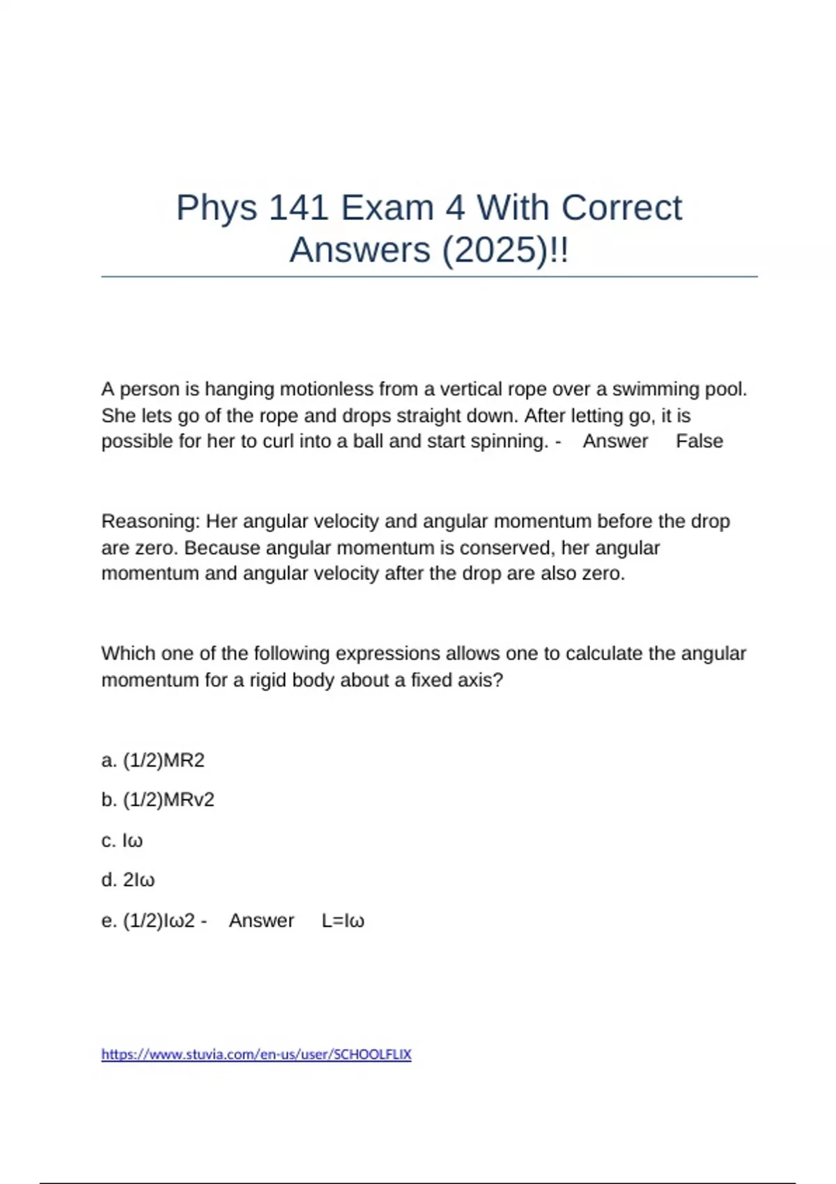 Phys 141 Exam 4 With Correct Answers (2025)!! - PHYS 141 - Stuvia US