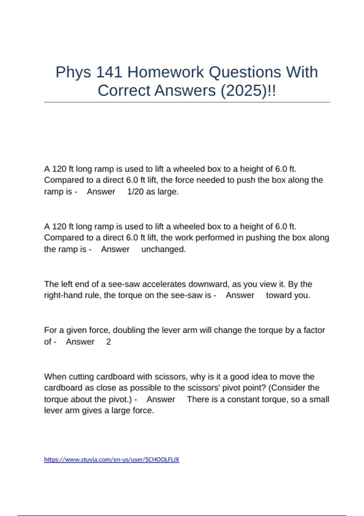 Phys 141 Homework Questions With Correct Answers (2025)!! - PHYS 141 - Stuvia US