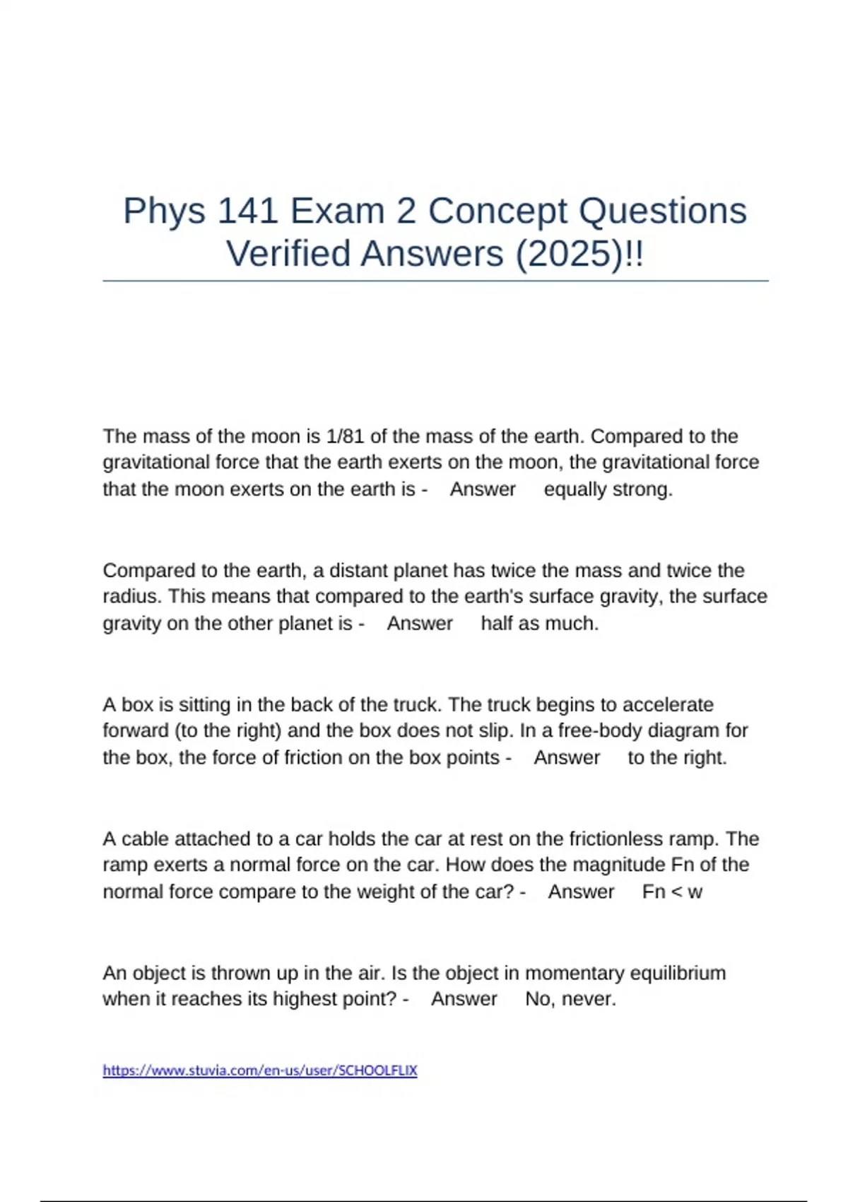Phys 141 Exam 2 Concept Questions Verified Answers (2025)!! - PHYS 141 - Stuvia US