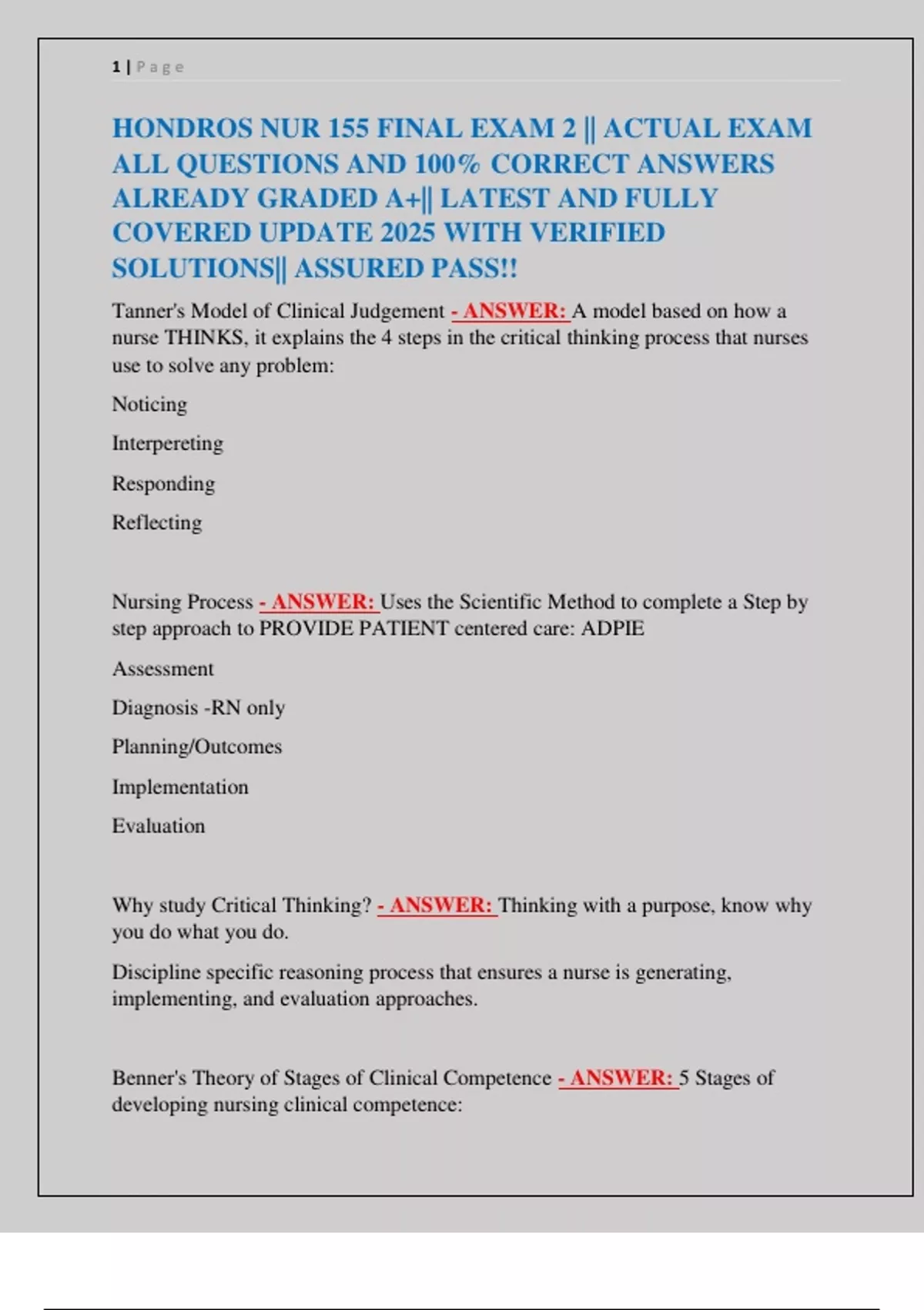 HONDROS NUR 155 FINAL EXAM 2|| ACTUAL EXAM ALL QUESTIONS AND 100% CORRECT ANSWERS ALREADY GRADED ...