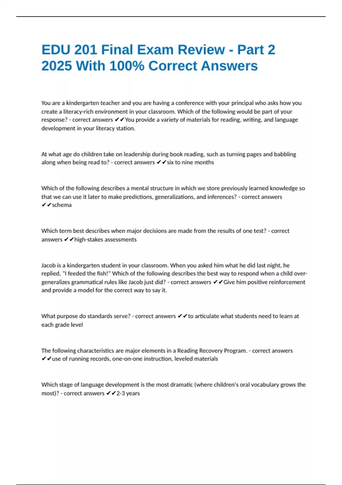 EDU 201 Final Exam Review - Part 2 2025 With 100% Correct Answers - EDU 201 F - Part 2 2025 With ...