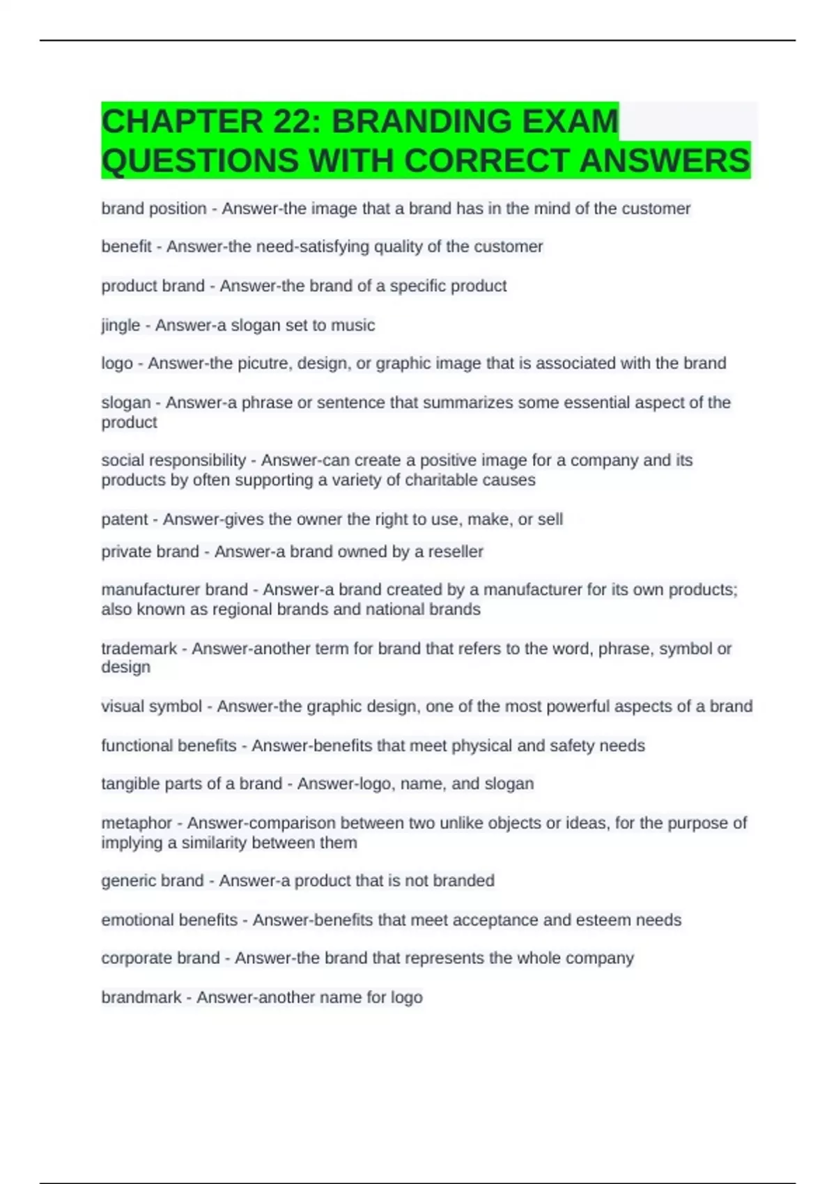 CHAPTER 22: BRANDING EXAM QUESTIONS WITH CORRECT ANSWERS - Branding - Stuvia US