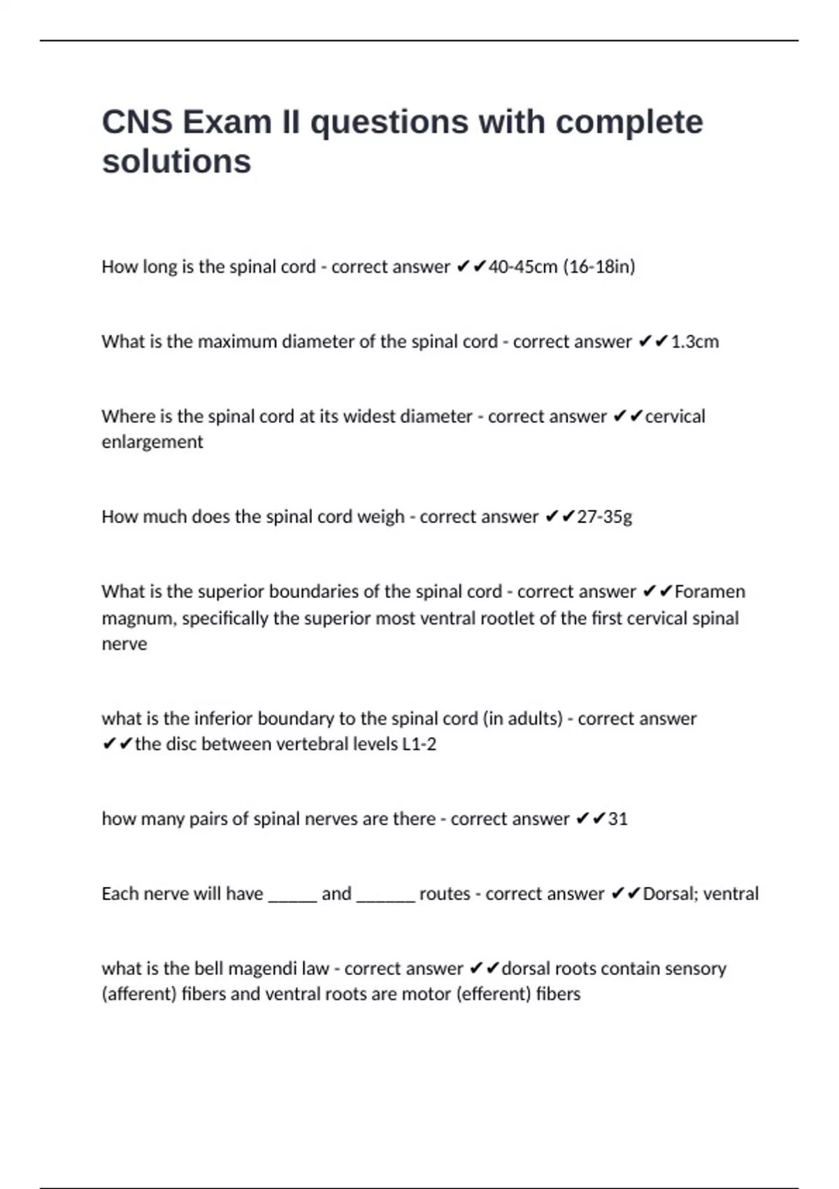 CNS Exam II questions with complete solutions - CNS - Stuvia US