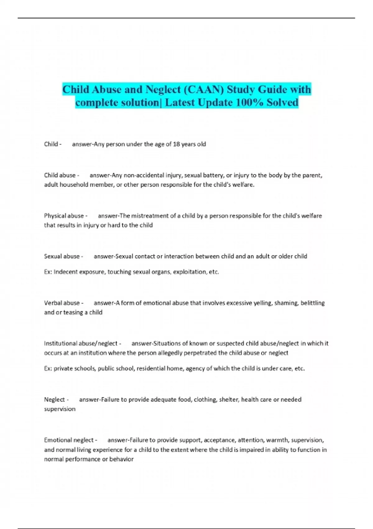 Child Abuse and Neglect (CAAN) Study Guide with complete solution ...