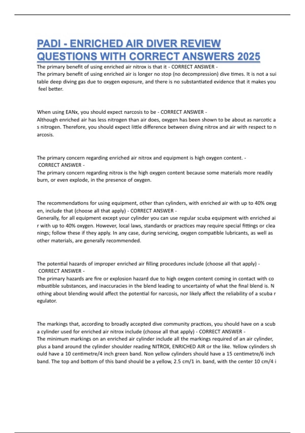 PADI - ENRICHED AIR DIVER REVIEW QUESTIONS WITH CORRECT ANSWERS 2025 ...