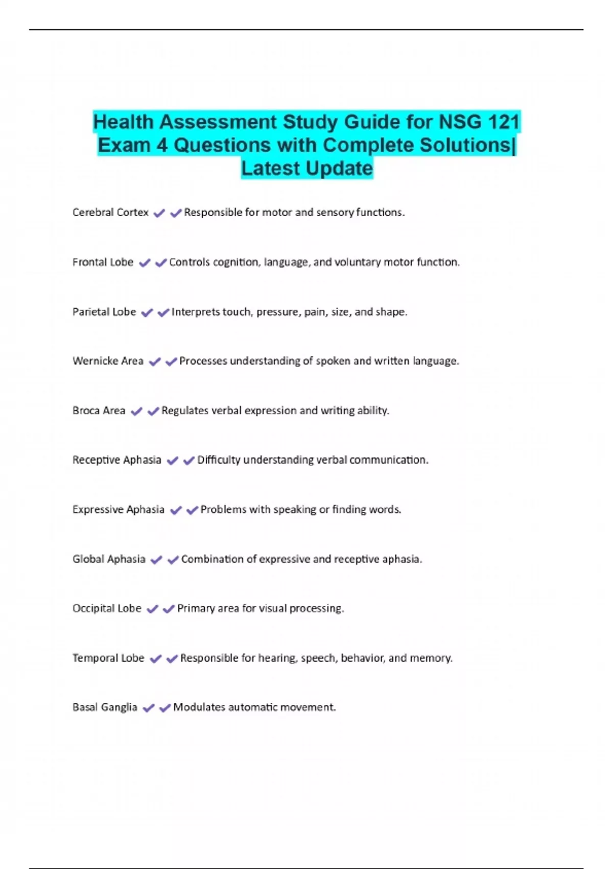 Health Assessment Study Guide for NSG 121 Exam 4 Questions with ...