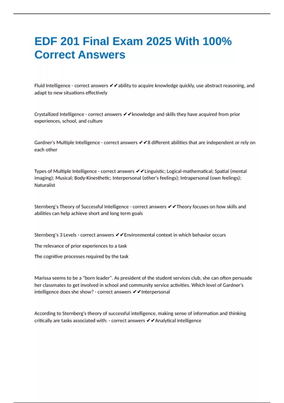 EDF 201 Final Exam 2025 With 100% Correct Answers - EDF 201 F - Stuvia US