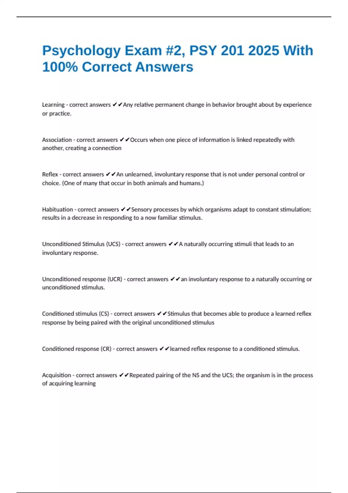 Psychology Exam #2, PSY 201 2025 With 100% Correct Answers - Psychology E #2, PSY 201 2025 W ...