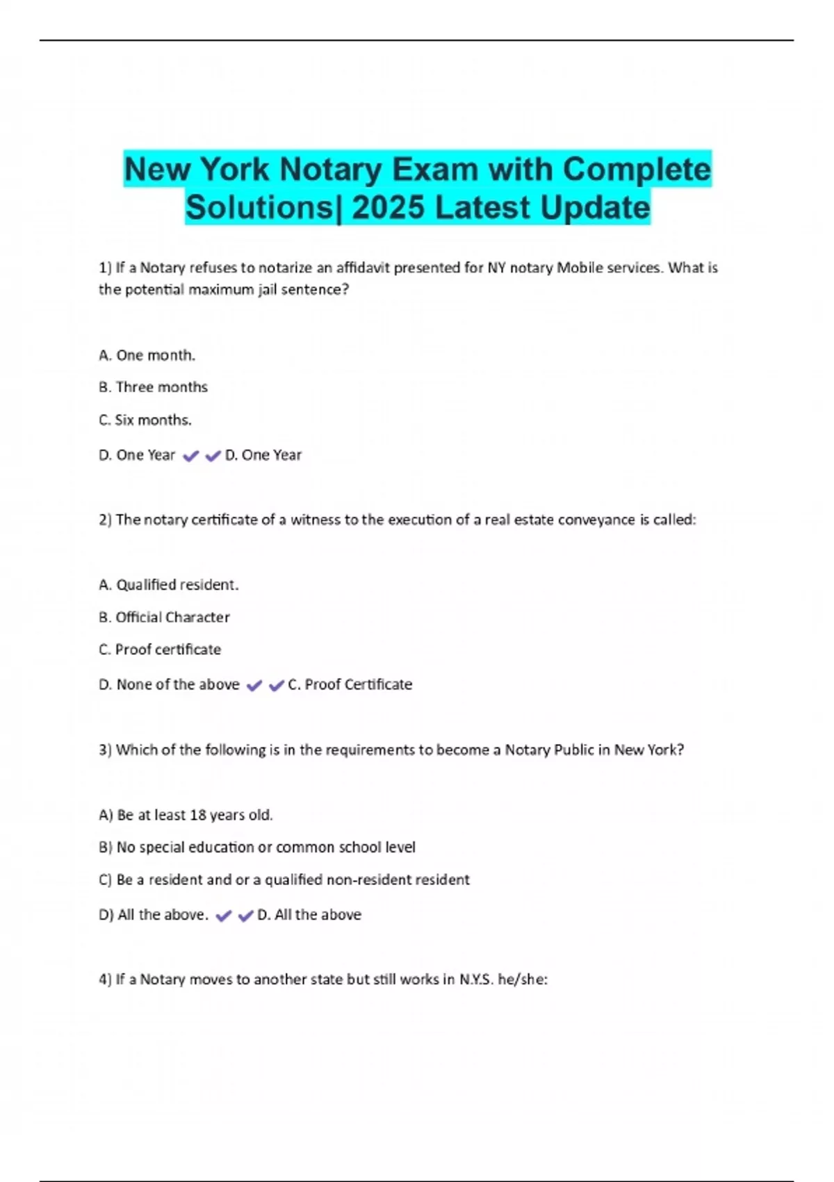 New York Notary Exam with Complete Solutions| 2025 Latest Update - New ...