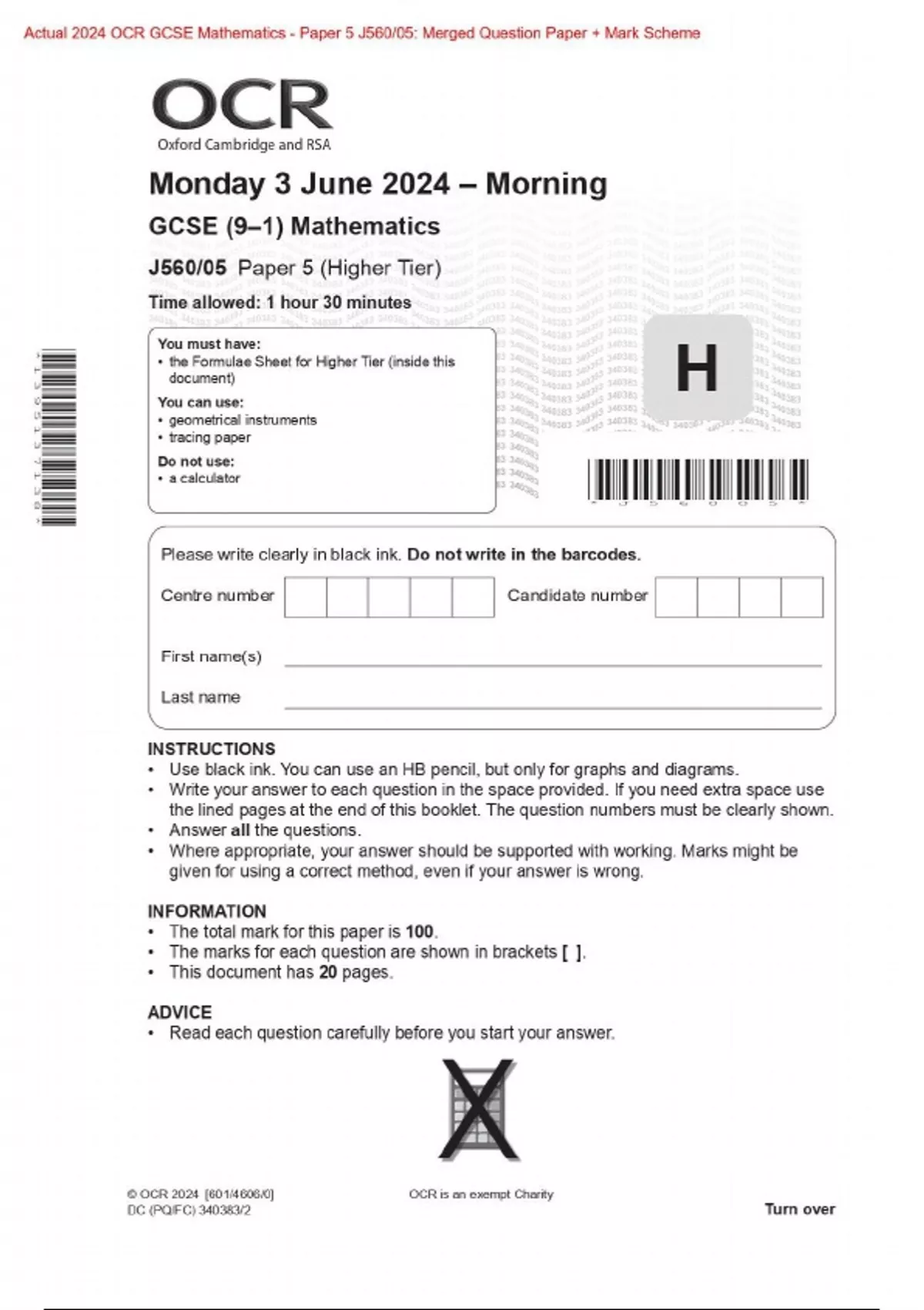 Actual 2024 OCR GCSE Mathematics - Paper 5 J560/05: Paper 5 (Higher ...