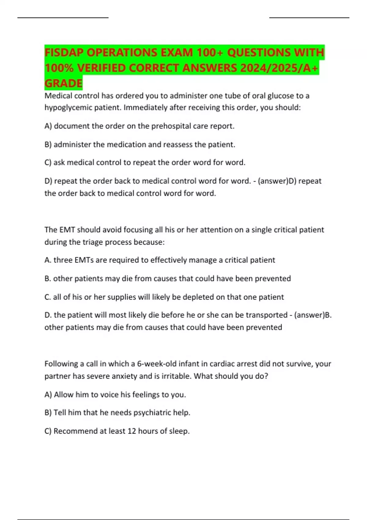 FISDAP OPERATIONS EXAM 100+ QUESTIONS WITH 100% VERIFIED CORRECT ANSWERS 2024/2025/A+ GRADE ...