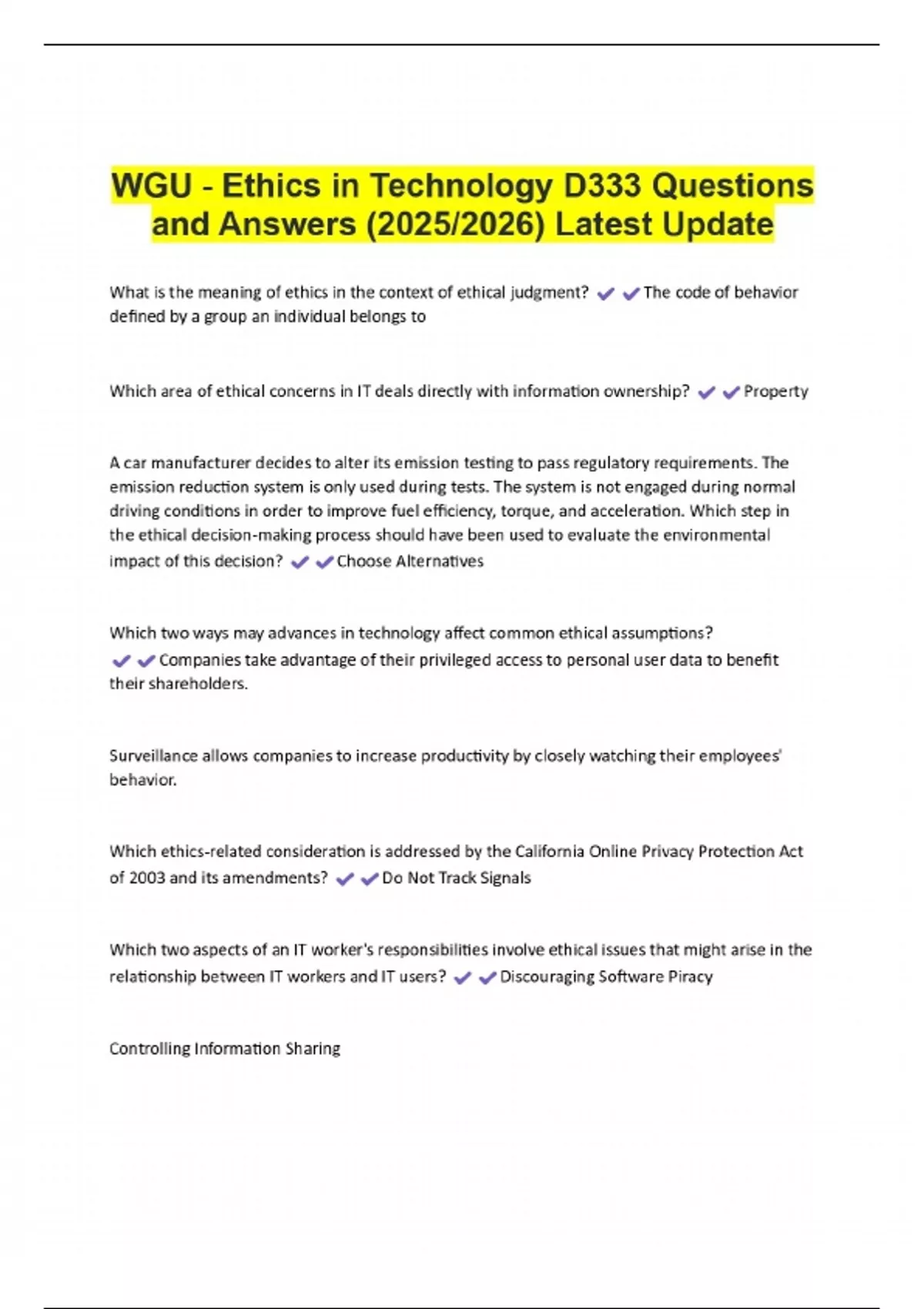 WGU - Ethics in Technology D333 Questions and Answers (2025/2026 ...