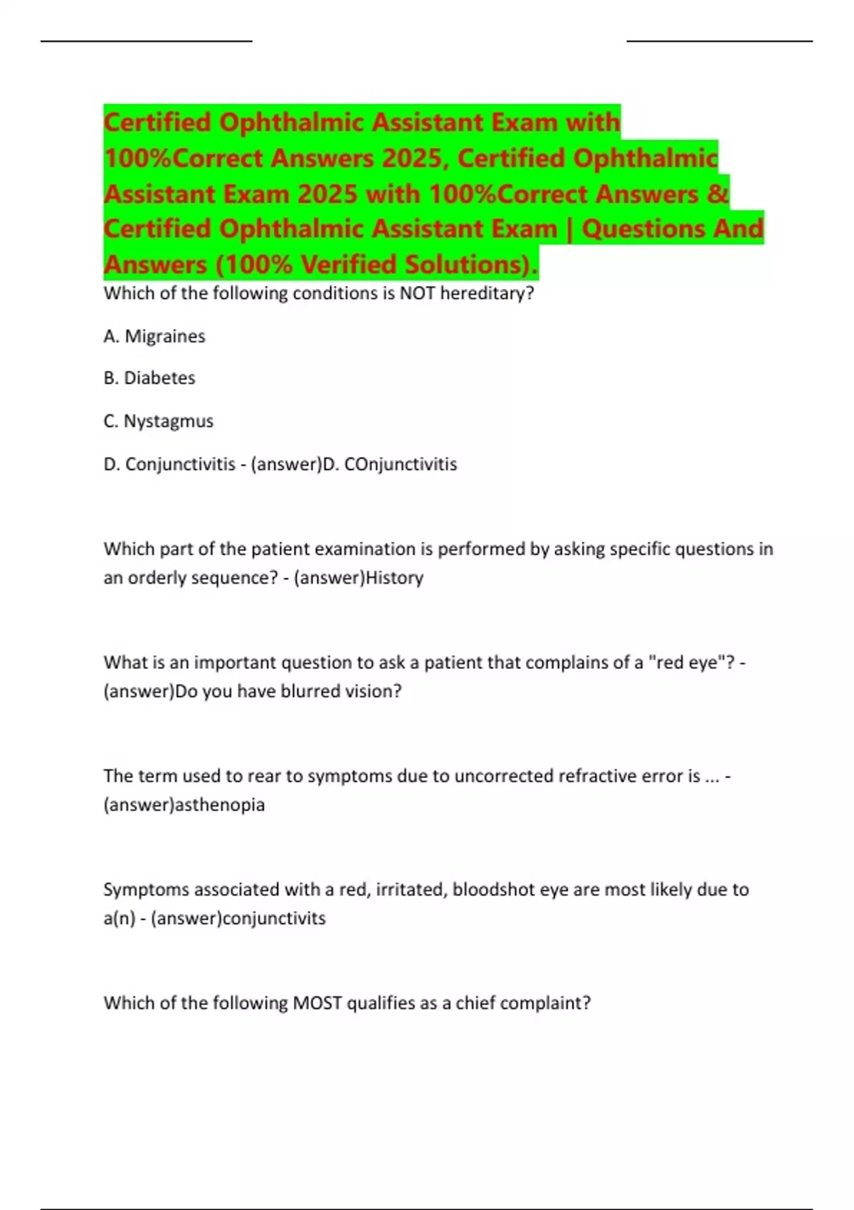 Certified Ophthalmic Assistant Exam with 100%Correct Answers 2025 ...