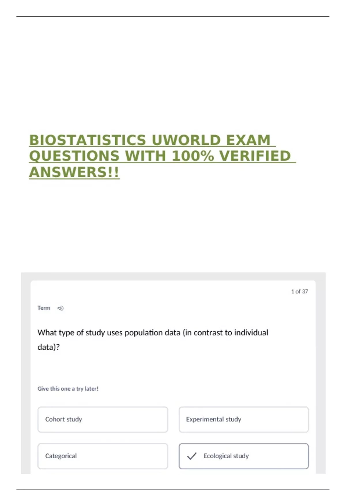 BIOSTATISTICS UWORLD EXAM QUESTIONS WITH 100% VERIFIED ANSWERS!! - BIOSTATISTICS UWORLD - Stuvia US