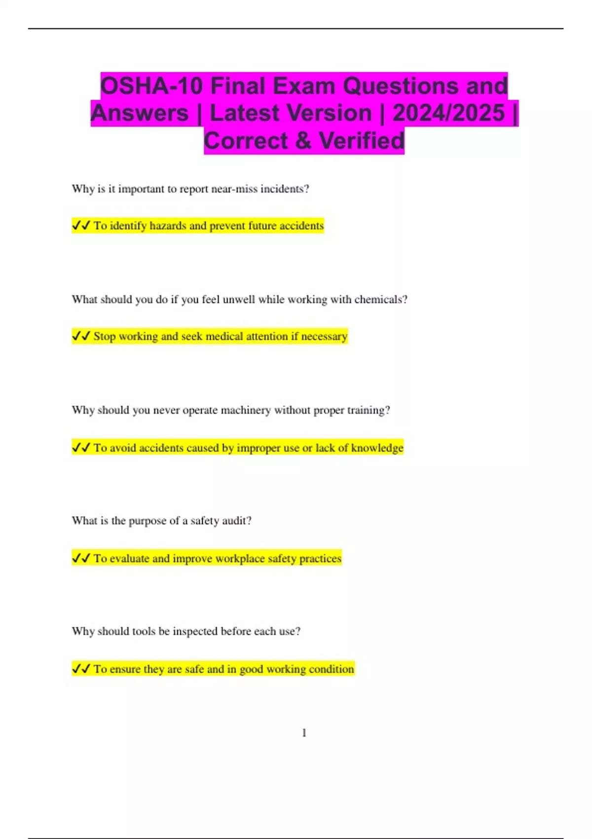 OSHA-10 Final Exam Questions and Answers | Latest Version | 2024/2025 ...