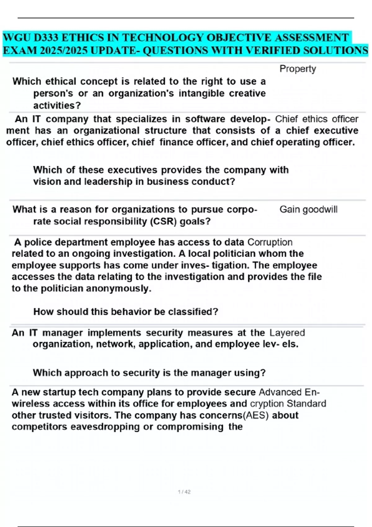 WGU D333 ETHICS IN TECHNOLOGY OBJECTIVE ASSESSMENT EXAM 2025/2025 ...