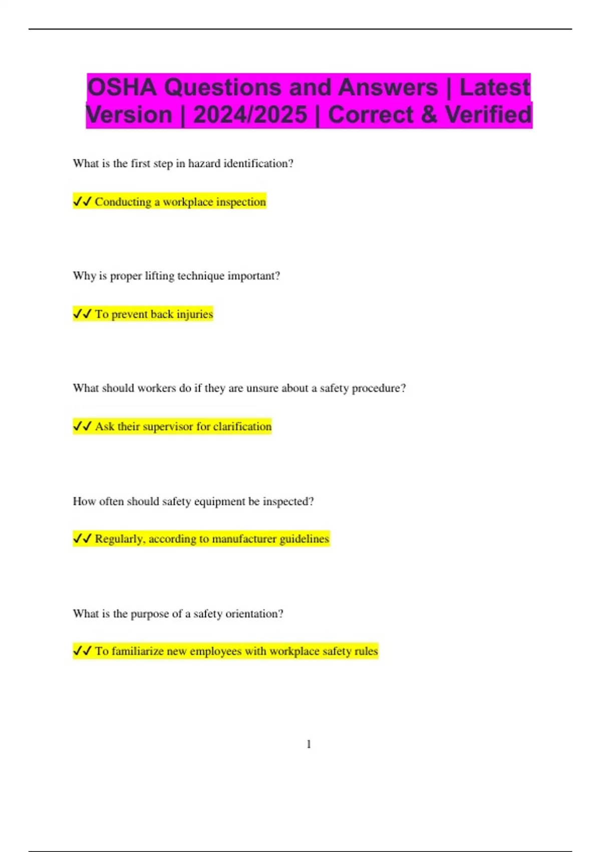 OSHA Questions and Answers | Latest Version | 2024/2025 | Correct ...