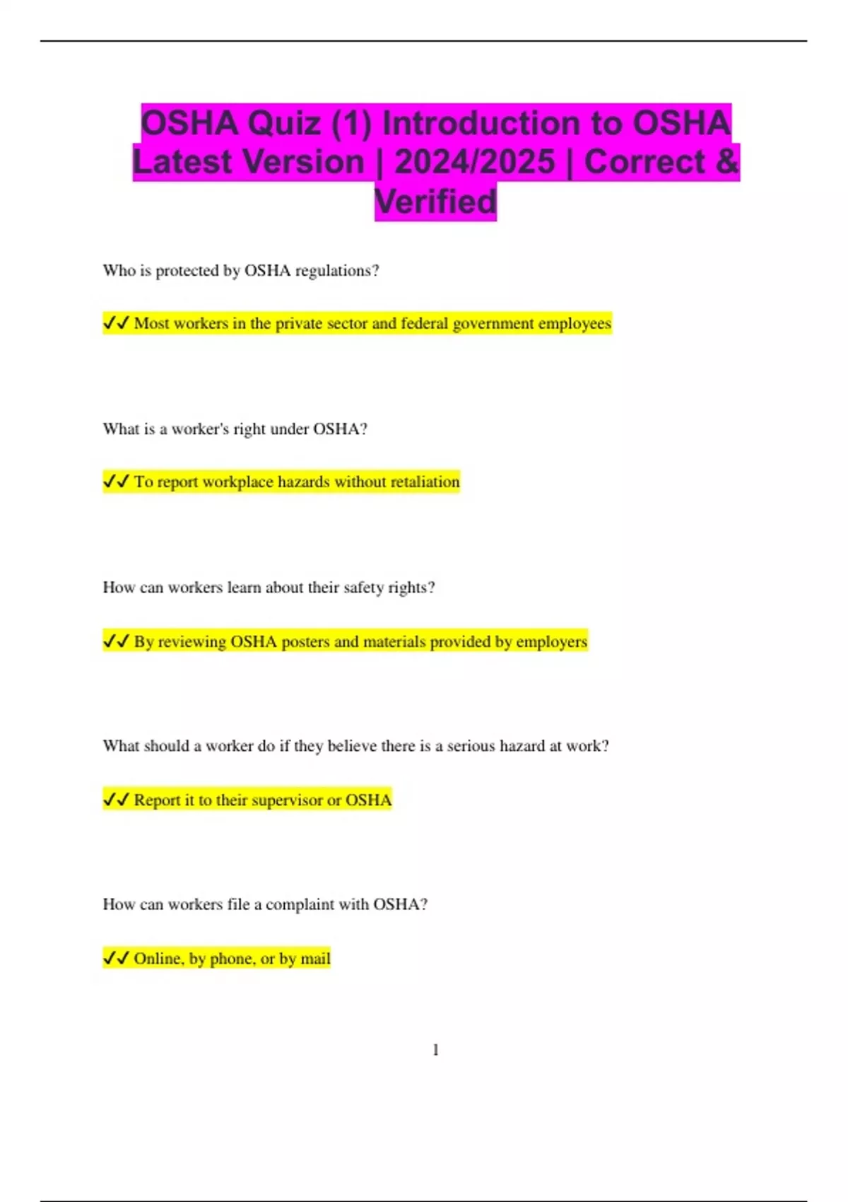 OSHA Quiz (1) Introduction to OSHA Latest Version | 2024/2025 | Correct ...