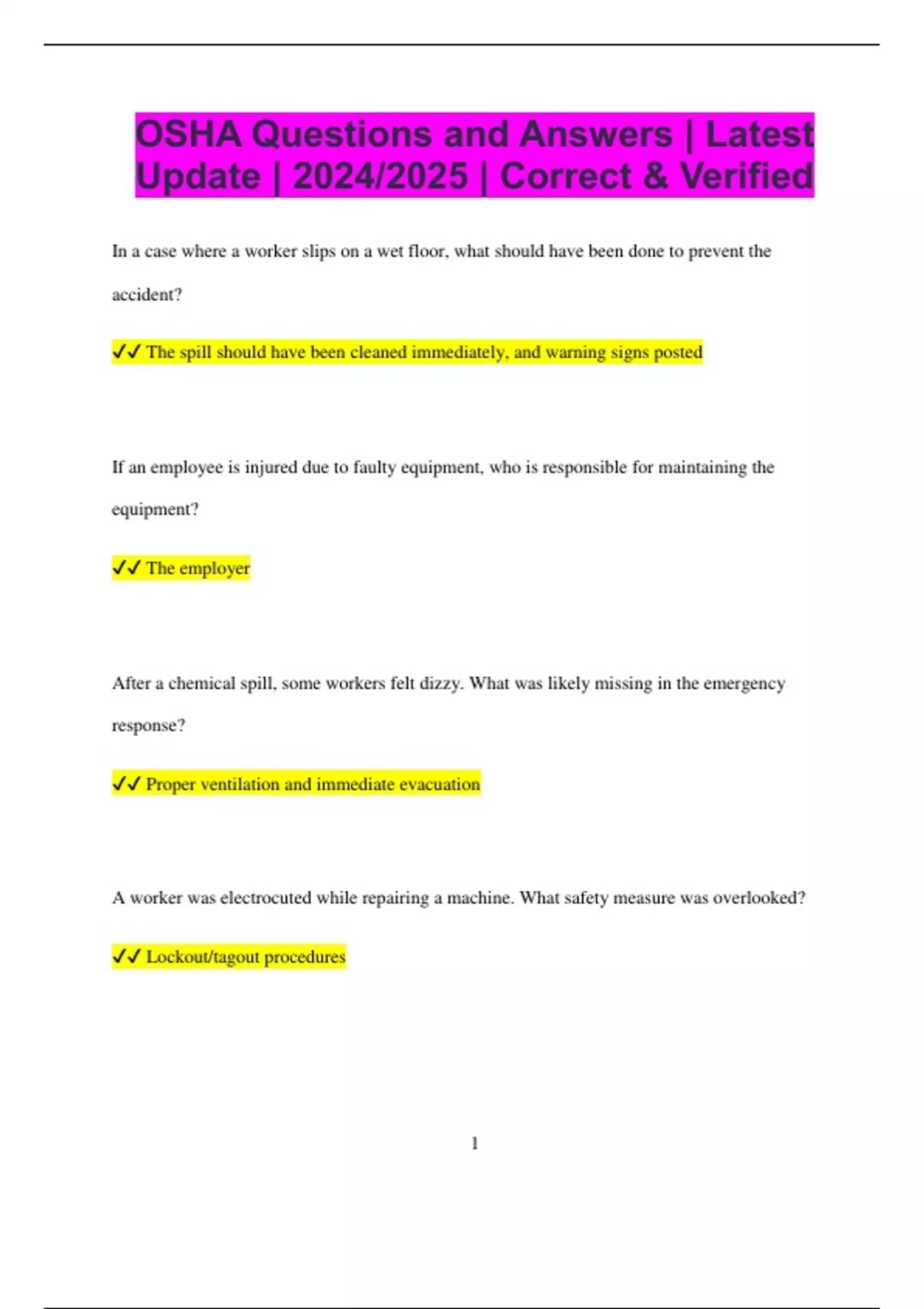 OSHA Questions and Answers | Latest Update | 2024/2025 | Correct ...