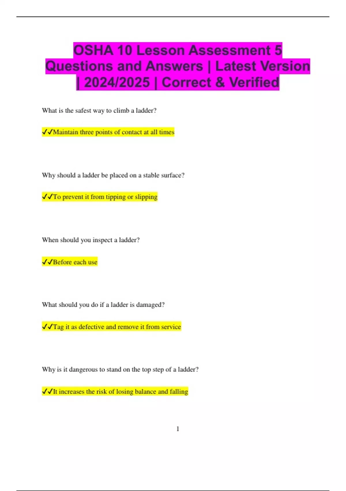 OSHA 10 Lesson Assessment 5 Questions and Answers | Latest Version ...