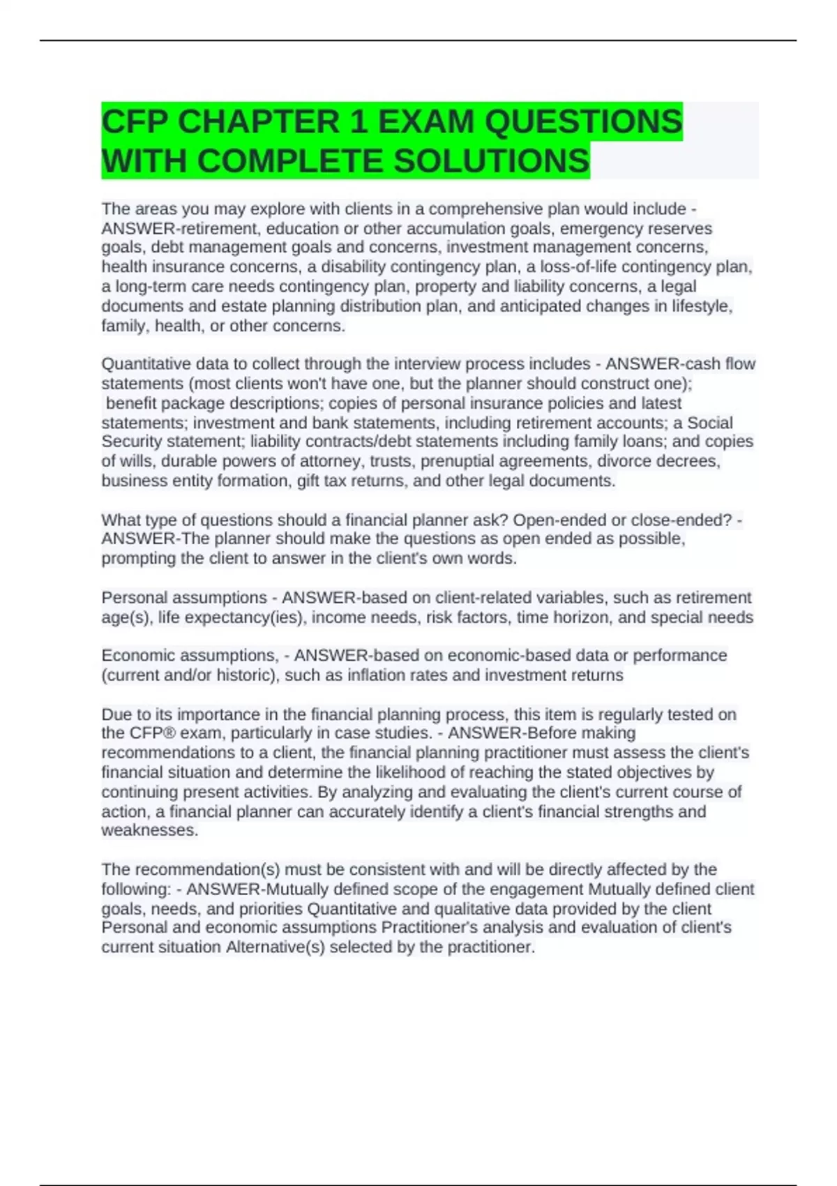 CFP CHAPTER 1 EXAM QUESTIONS WITH COMPLETE SOLUTIONS - CFP - Stuvia US