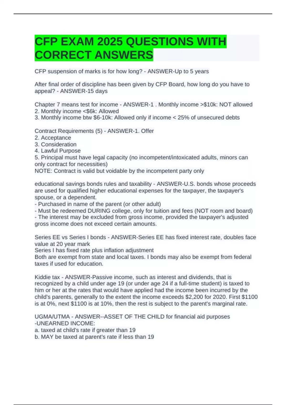 CFP EXAM 2025 QUESTIONS WITH CORRECT ANSWERS - CFP - Stuvia US