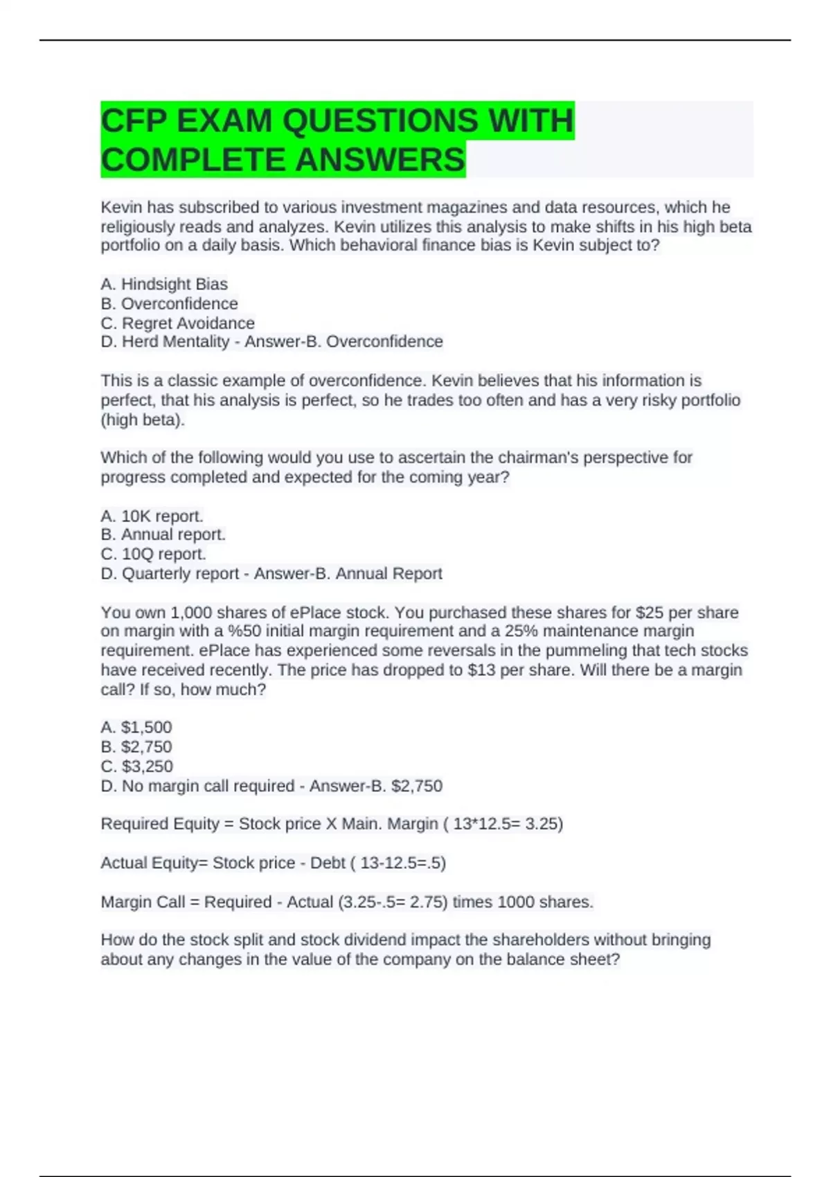 CFP EXAM QUESTIONS WITH COMPLETE ANSWERS - CFP - Stuvia US