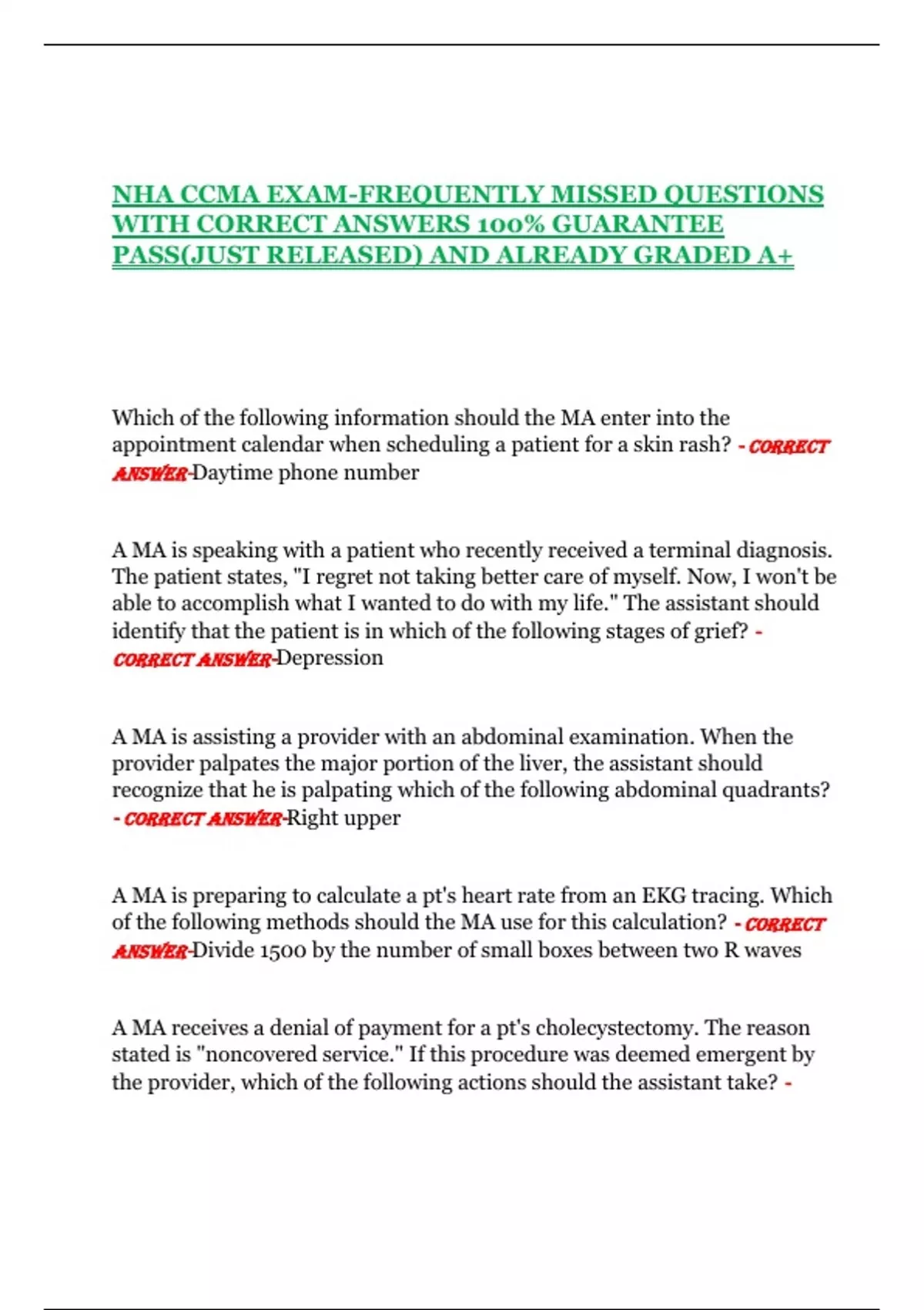 NHA CCMA EXAM-FREQUENTLY MISSED QUESTIONS WITH CORRECT ANSWERS 100% ...