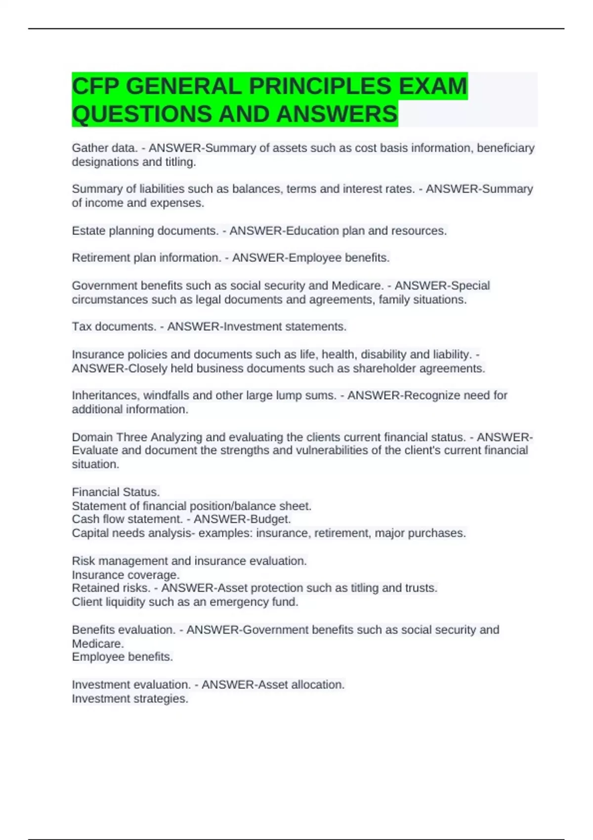 CFP GENERAL PRINCIPLES EXAM QUESTIONS AND ANSWERS - CFP - Stuvia US