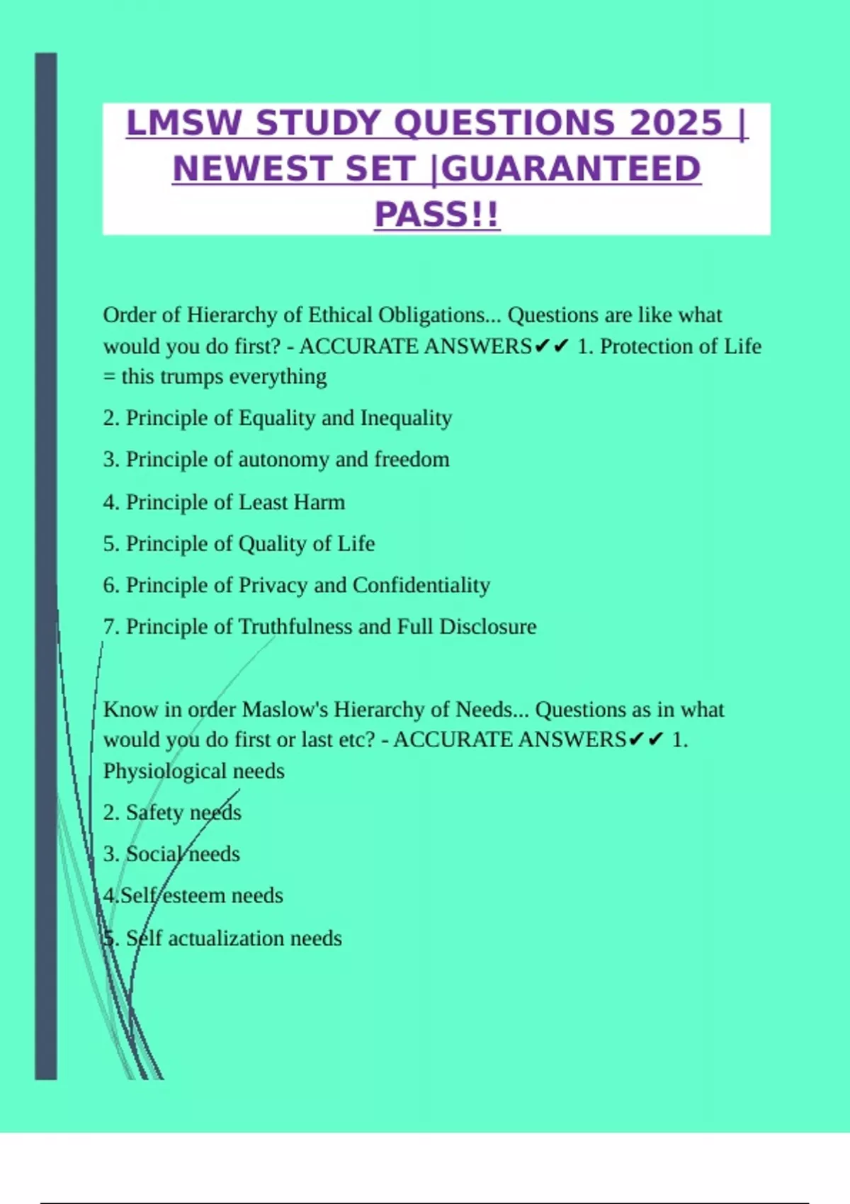 LMSW STUDY QUESTIONS 2025 |NEWEST SET |GUARANTEED PASS!! - LMSW - Stuvia US