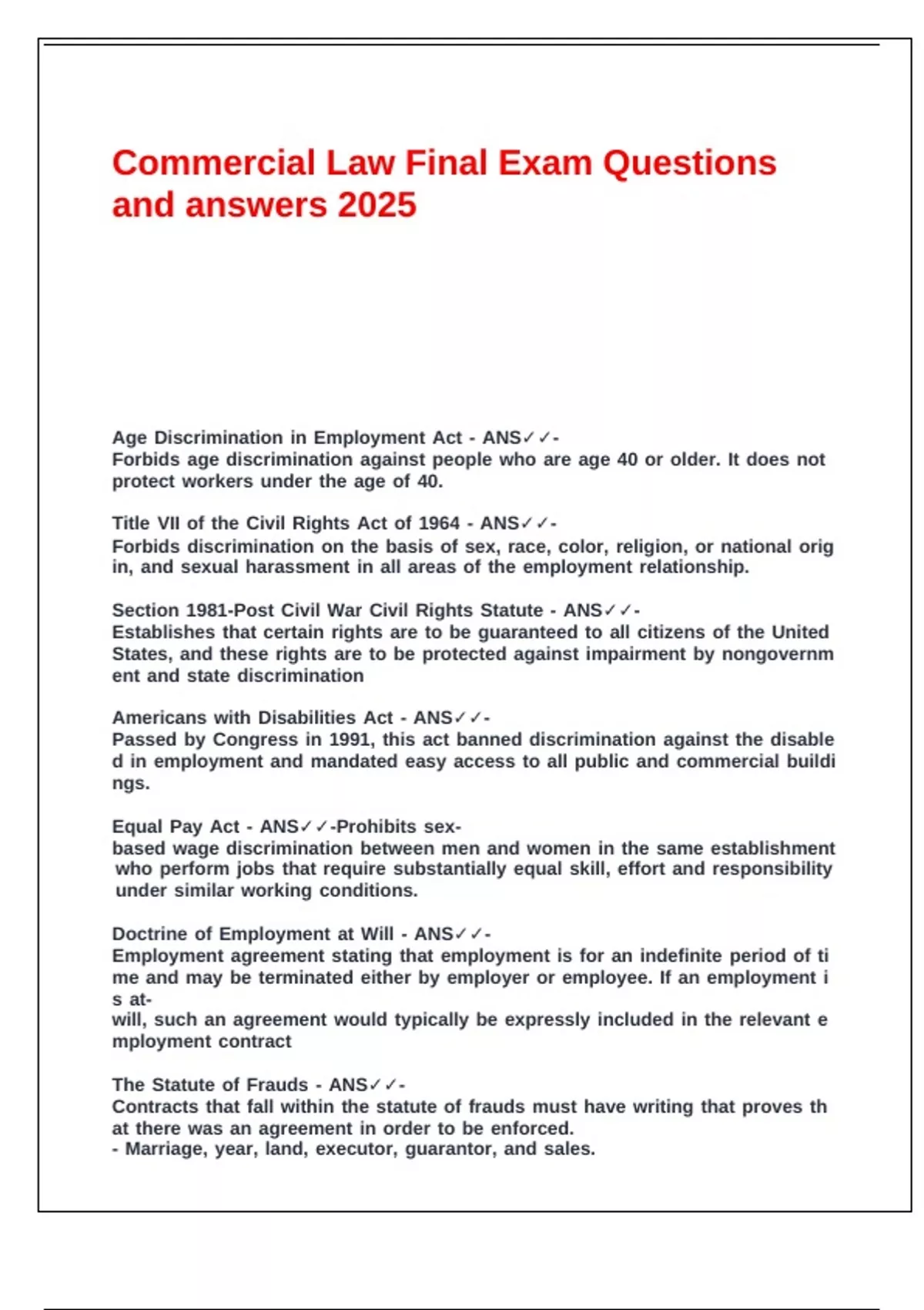 Commercial Law Final Exam Questions and answers 2025. - Commercial Law ...