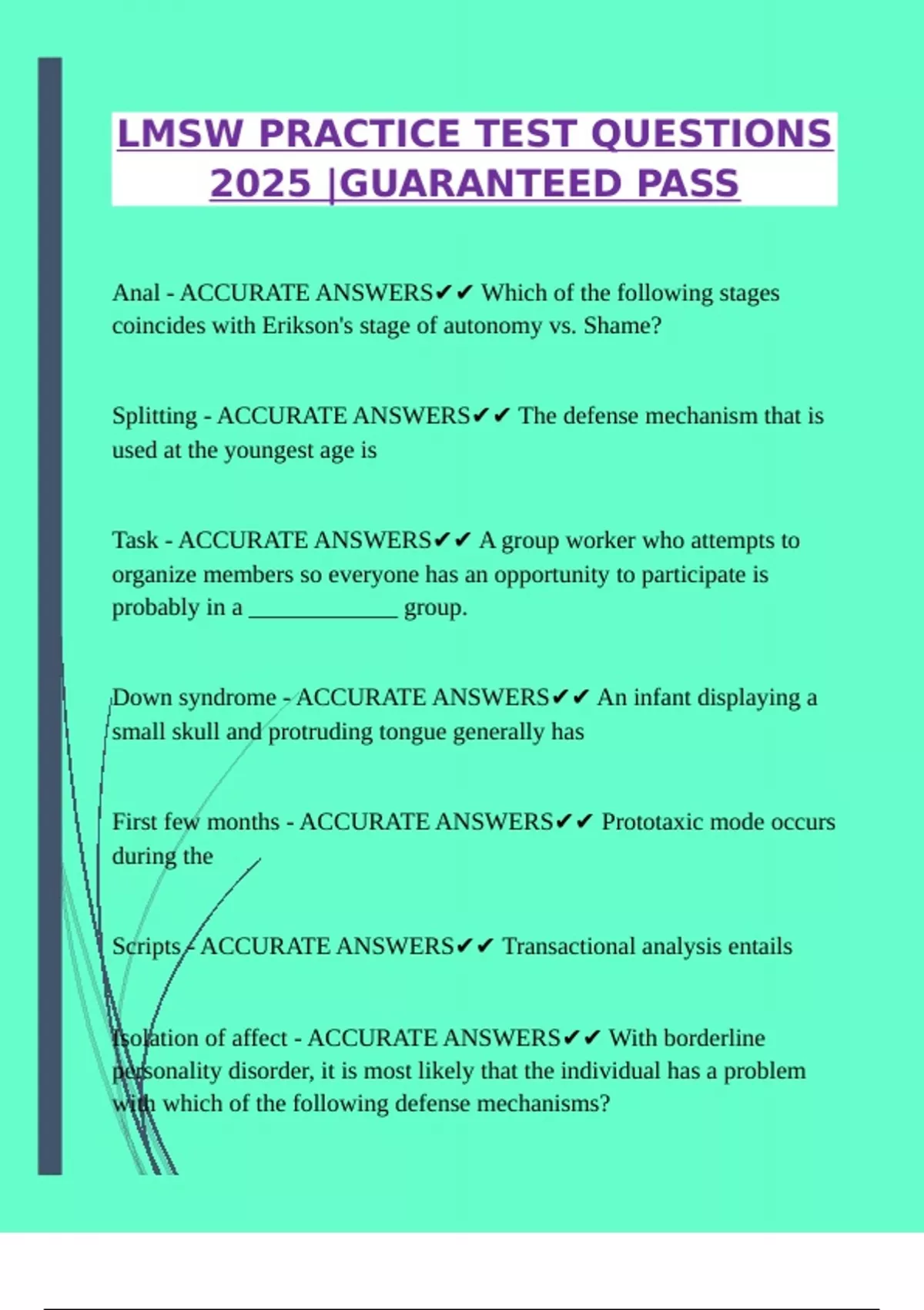LMSW PRACTICE TEST QUESTIONS 2025 |GUARANTEED PASS - LMSW - Stuvia US