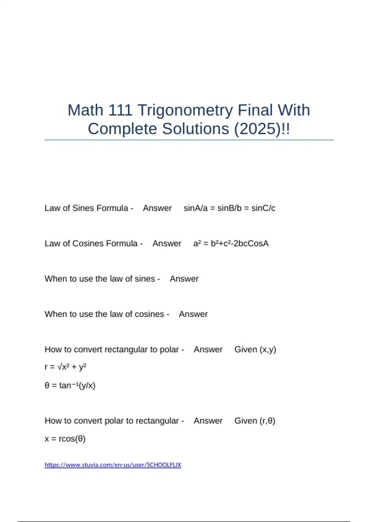 Math 111 Trigonometry Final With Complete Solutions (2025)!! - MATH 111 ...