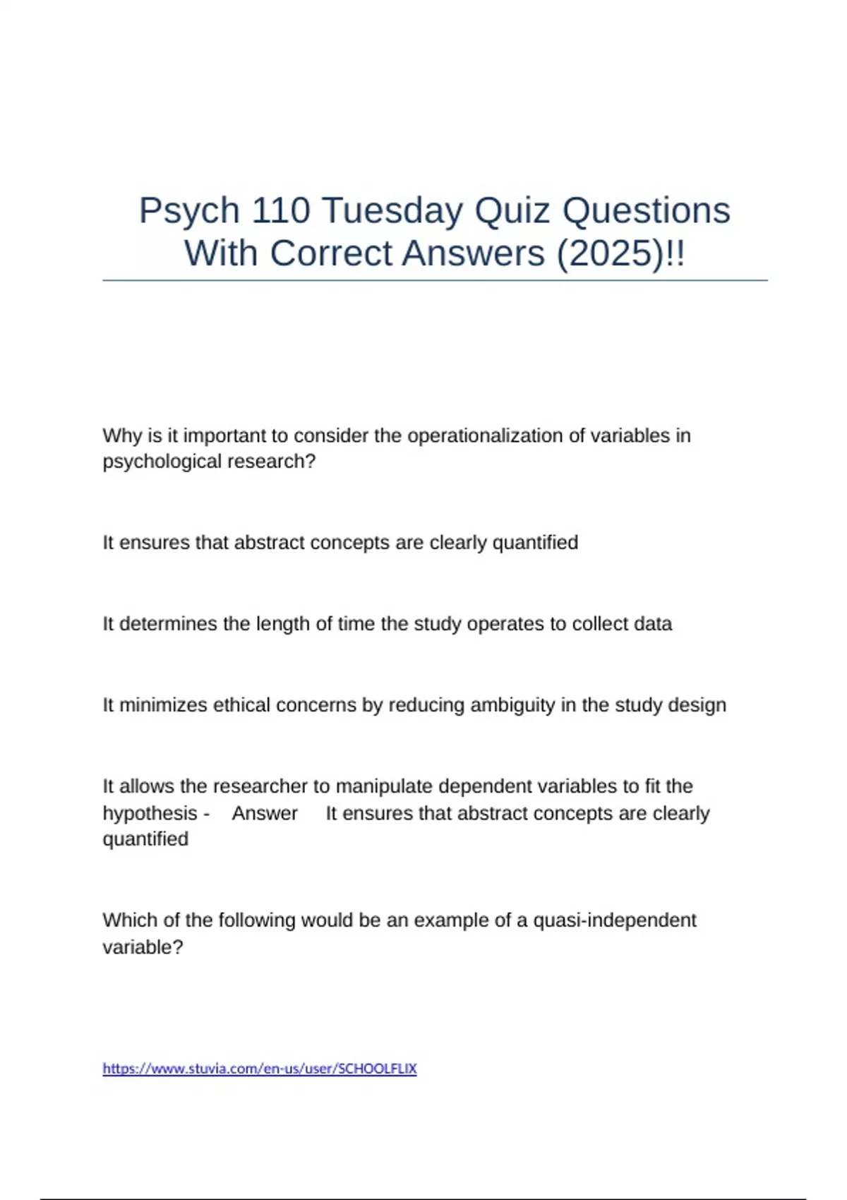 Psych 110 Tuesday Quiz Questions With Correct Answers (2025)!! - PSYC ...