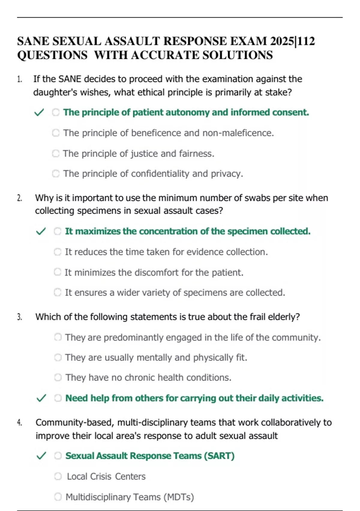 SANE SEXUAL ASSAULT RESPONSE EXAM 2025|112 QUESTIONS WITH ACCURATE ...