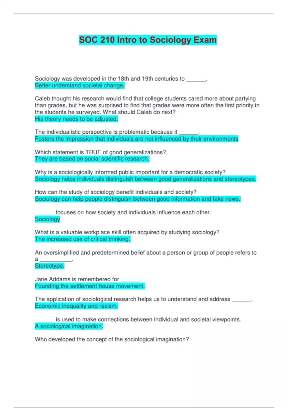 SOC 210 Intro to Sociology Exam | Questions with 100% Correct Answers ...