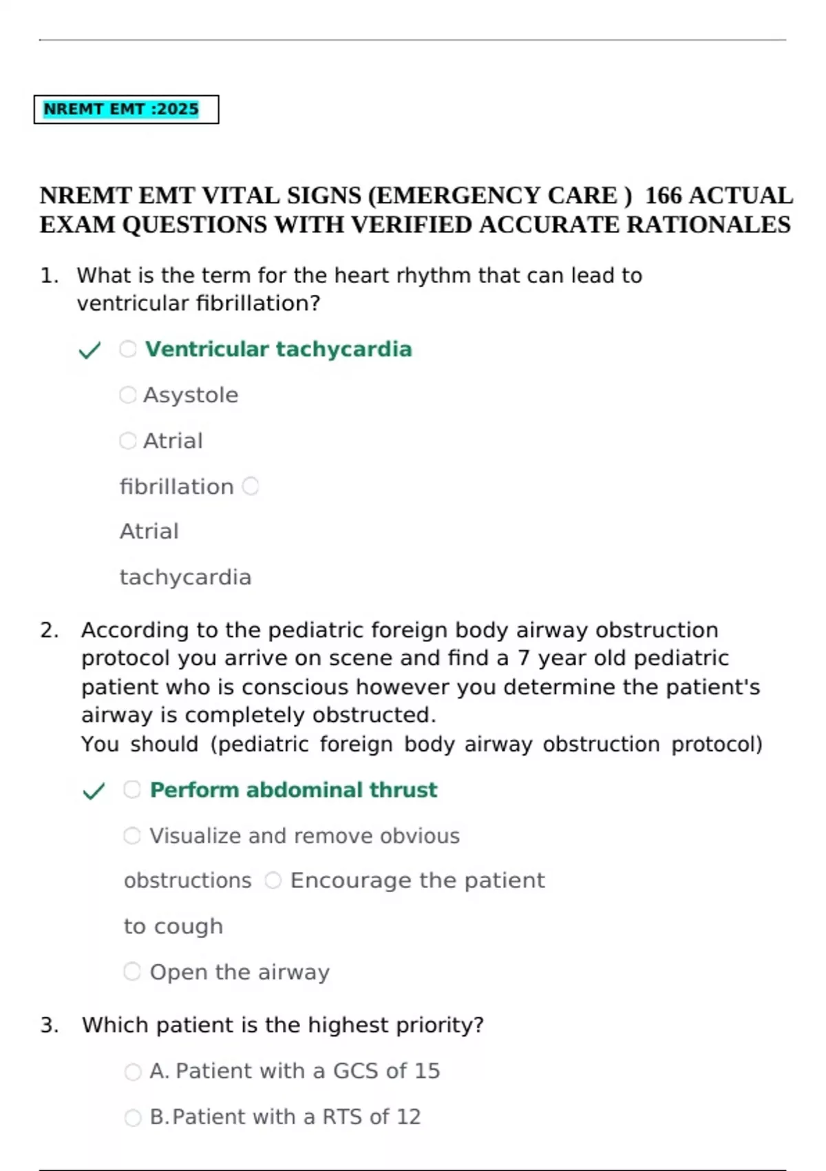 NREMT EMT VITAL SIGNS (EMERGENCY CARE ) 166 ACTUAL EXAM QUESTIONS WITH ...