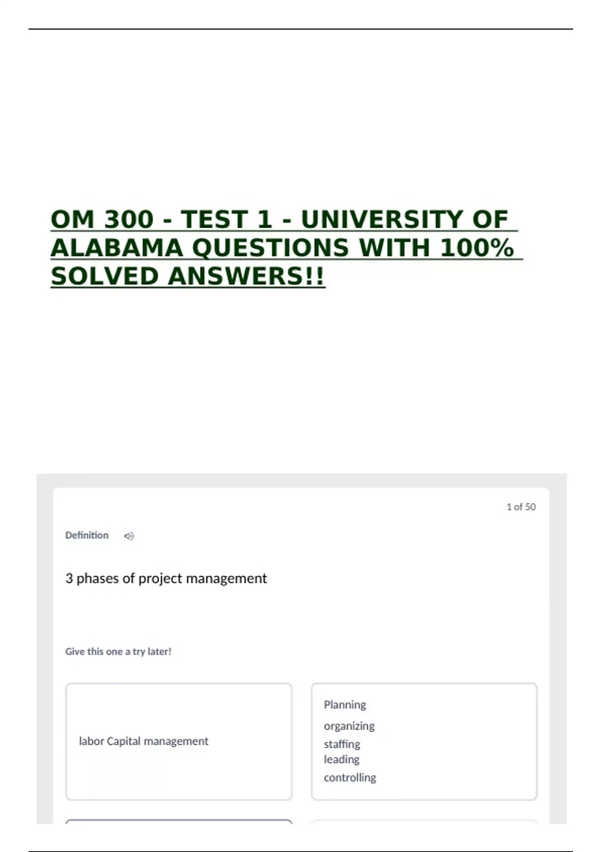 OM 300 - TEST 1 - UNIVERSITY OF ALABAMA QUESTIONS WITH 100% SOLVED ...