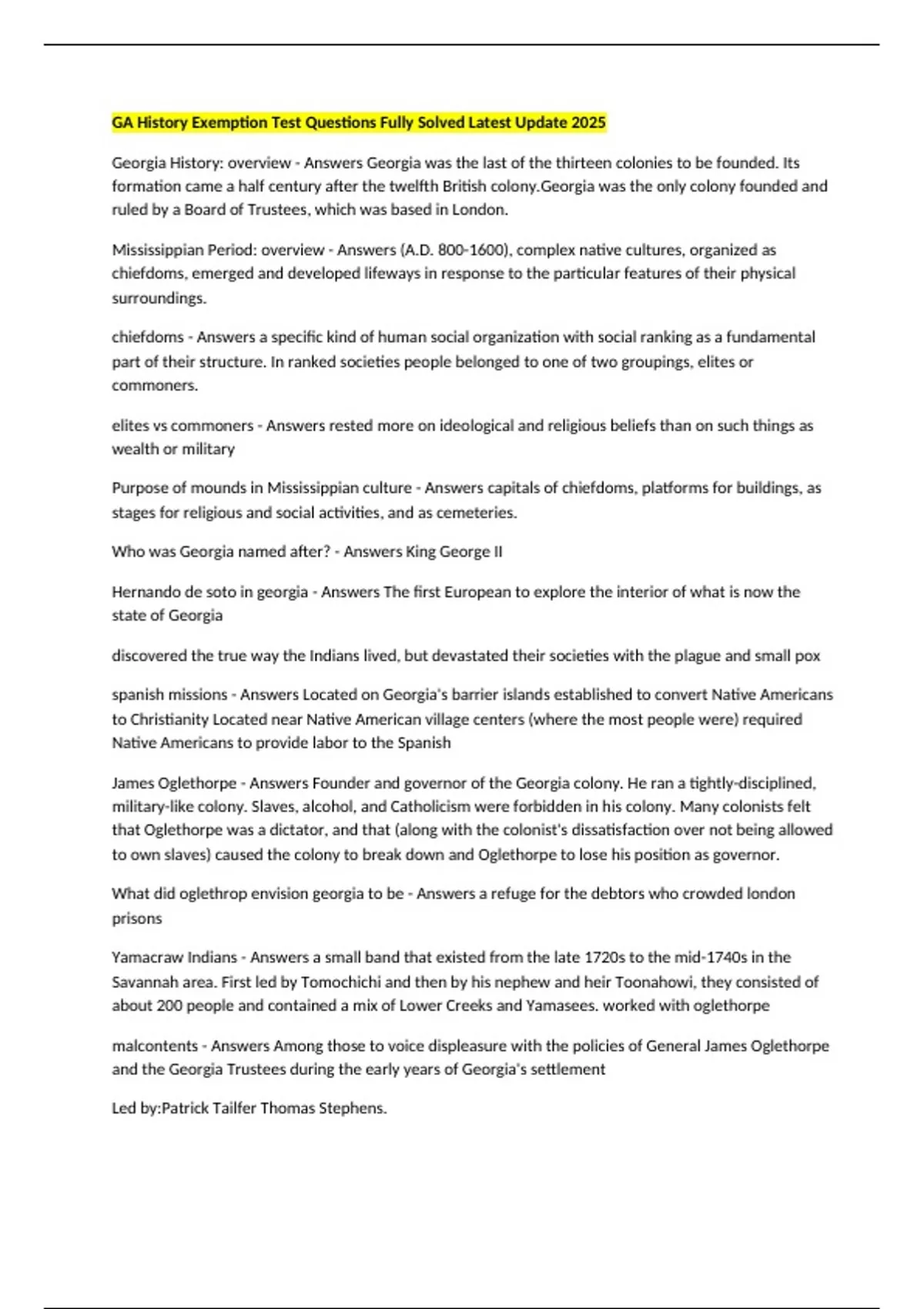 GA History Exemption Test Questions Fully Solved Latest Update 2025 ...