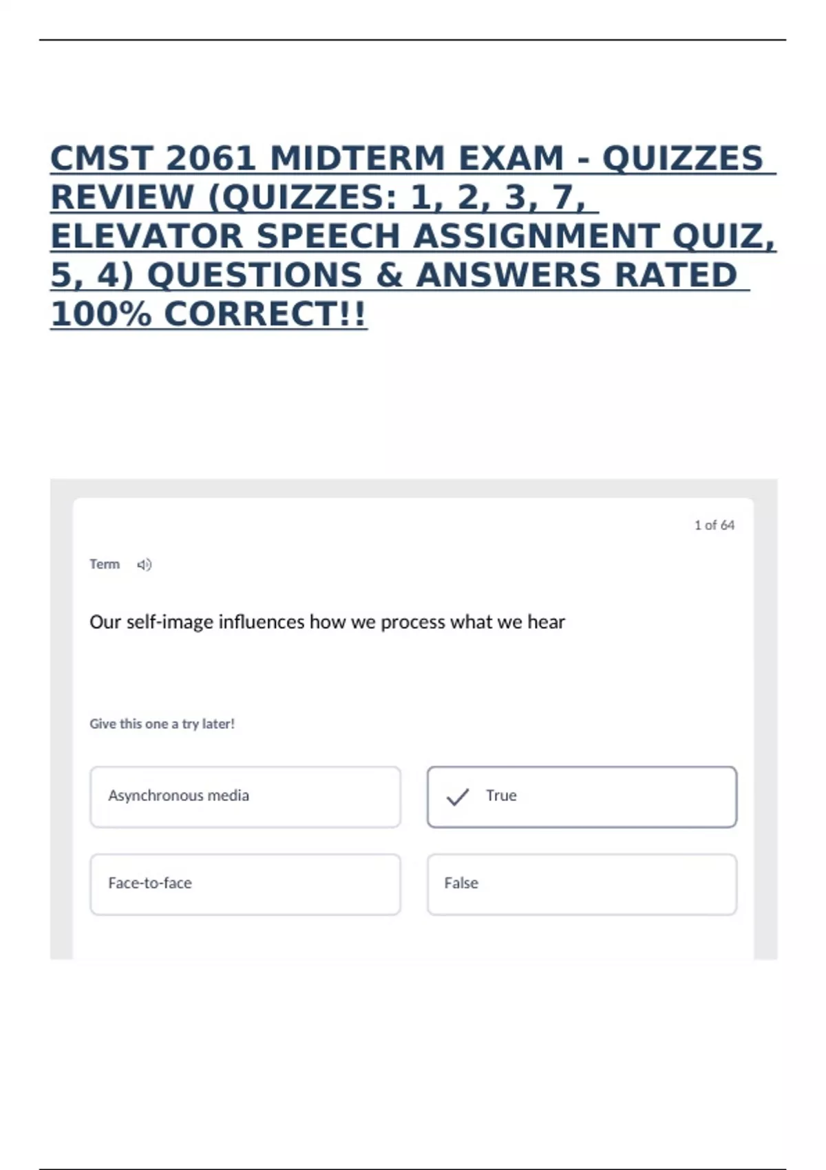 CMST 2061 MIDTERM EXAM - QUIZZES REVIEW (QUIZZES: 1, 2, 3, 7, ELEVATOR SPEECH ASSIGNMENT QUIZ, 5 ...