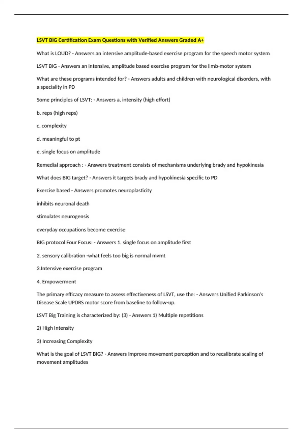 LSVT BIG Certification Exam Questions with Verified Answers Graded A+ ...