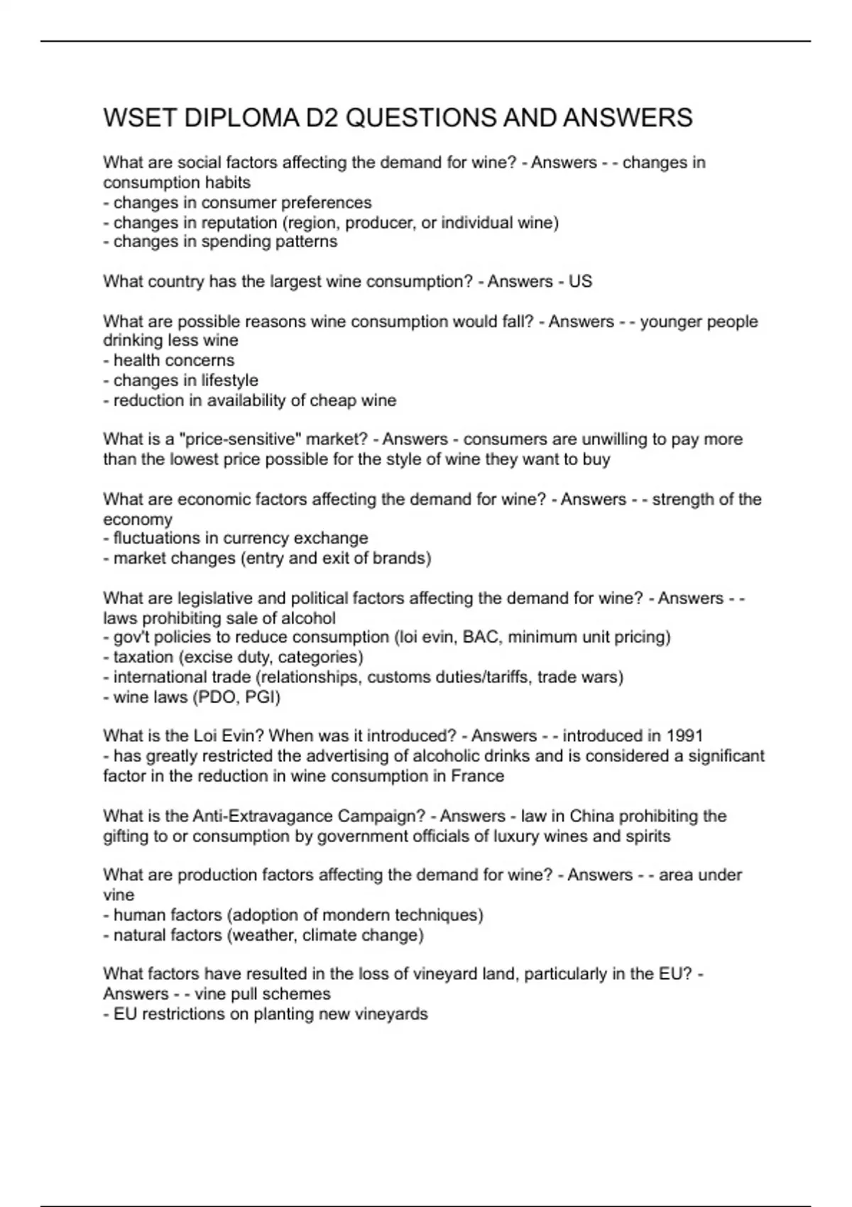 WSET DIPLOMA D2 QUESTIONS AND ANSWERS - WSET DIPLOMA D2 - Stuvia US